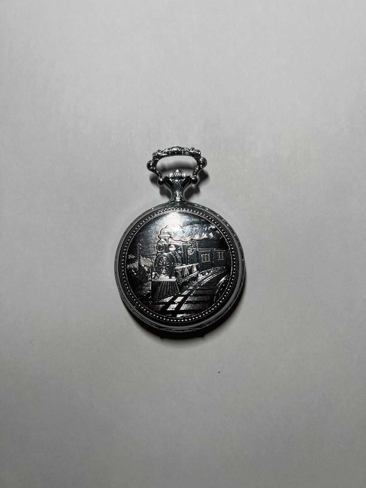 Silver Timex Pocket Watch With Train And Floral Engraving #1010 ...
