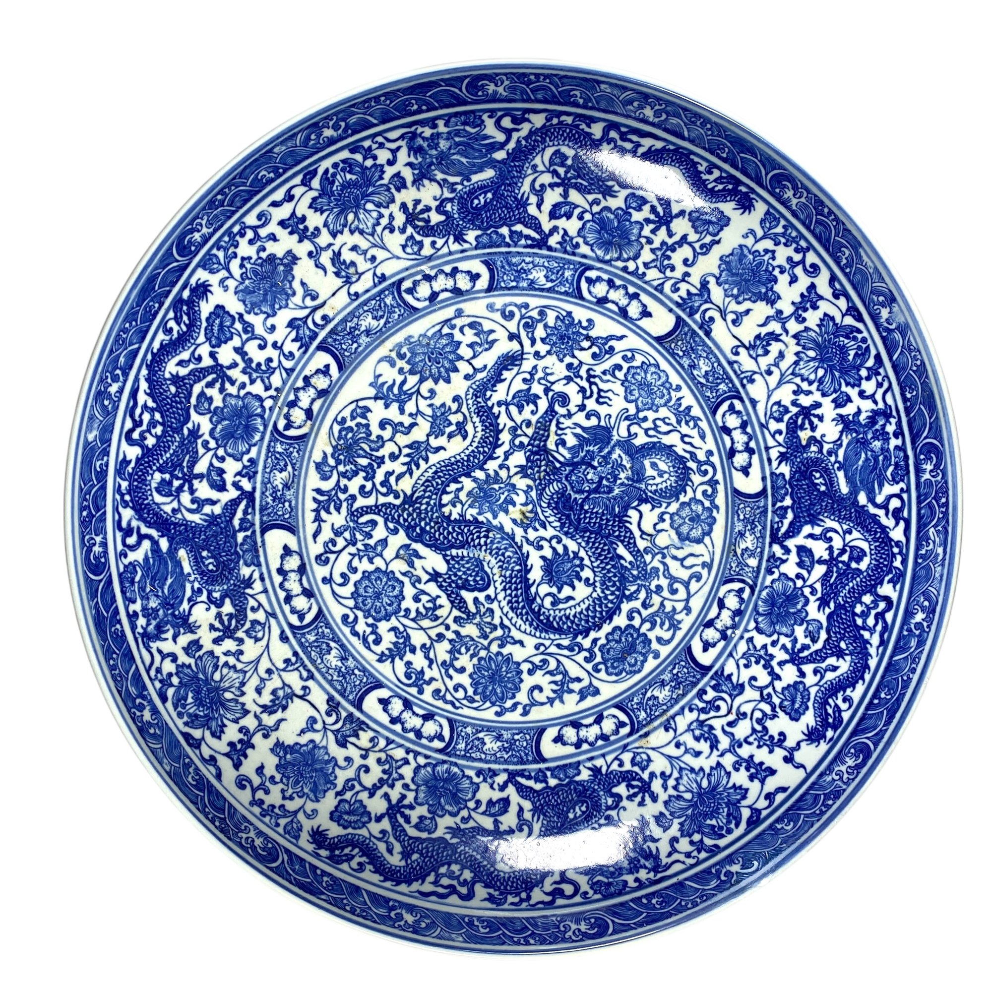 Very Large Chinese Blue White Dragon Platter Qianlong Mark #2763 ...