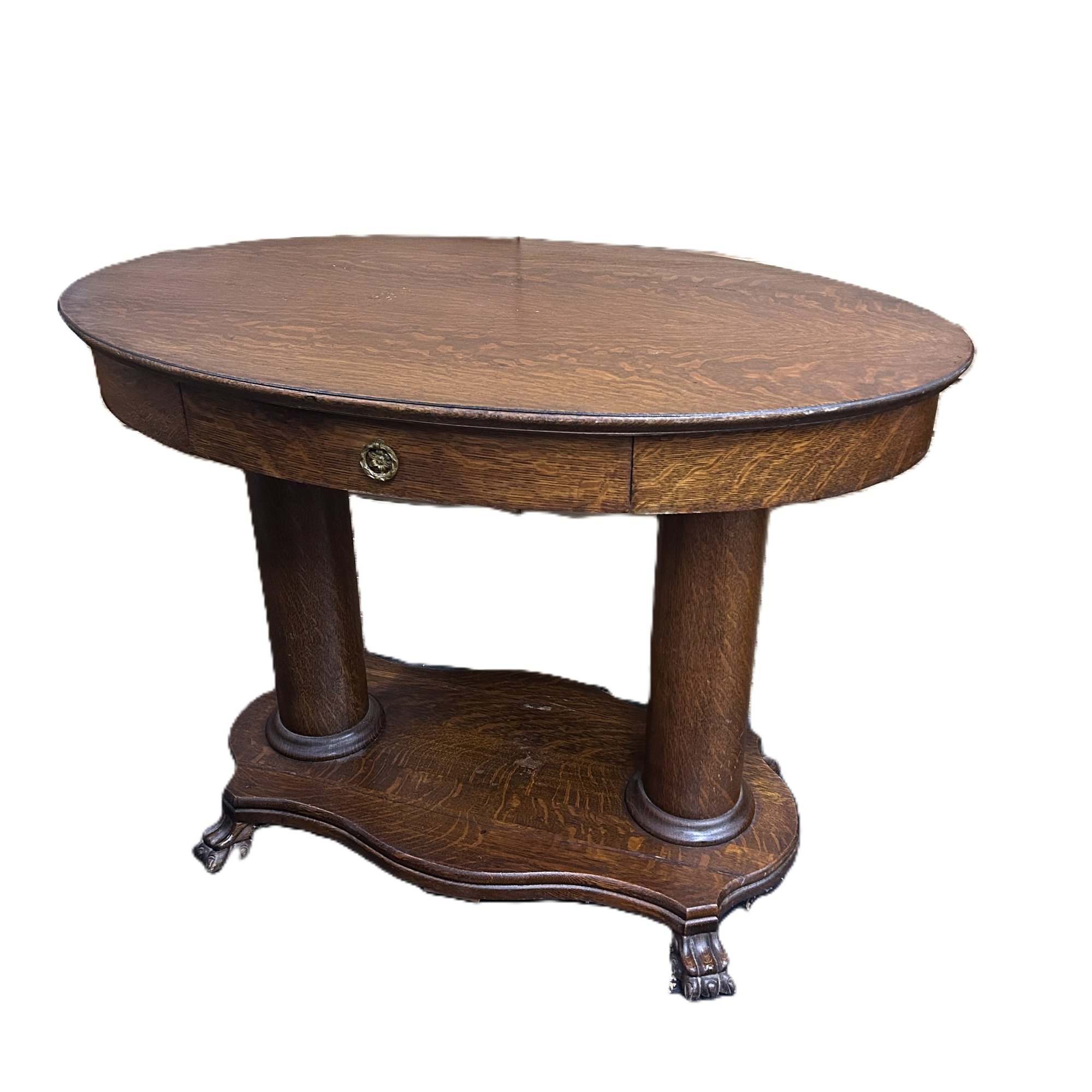 Antique Oval Oak Library Table With Drawer, Two Round Support Columns ...
