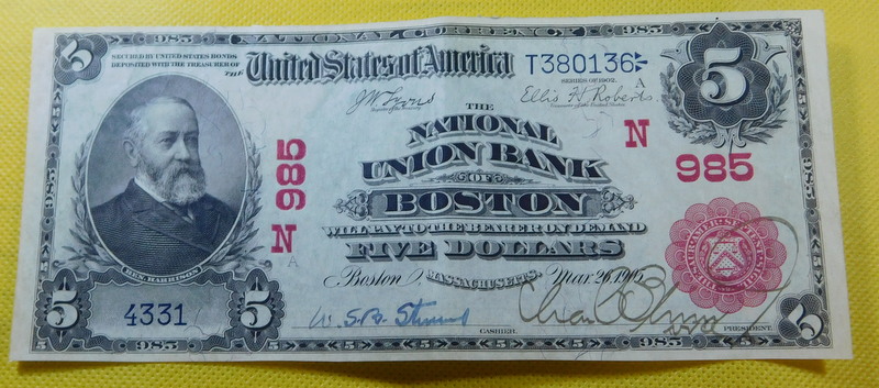 1902 Red Seal $5 National Currency Ch985 Union National Bank Of Boston ...