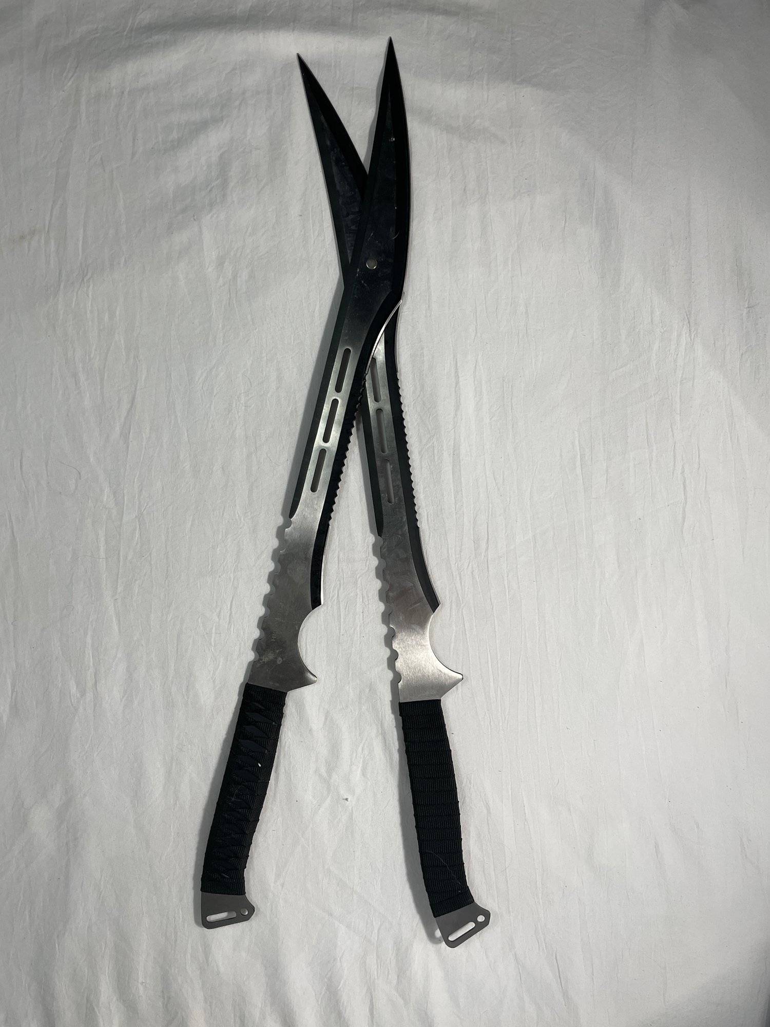 Pair Of Black Dual Blade Swords With Serrated Edges 27" L, Tactical ...