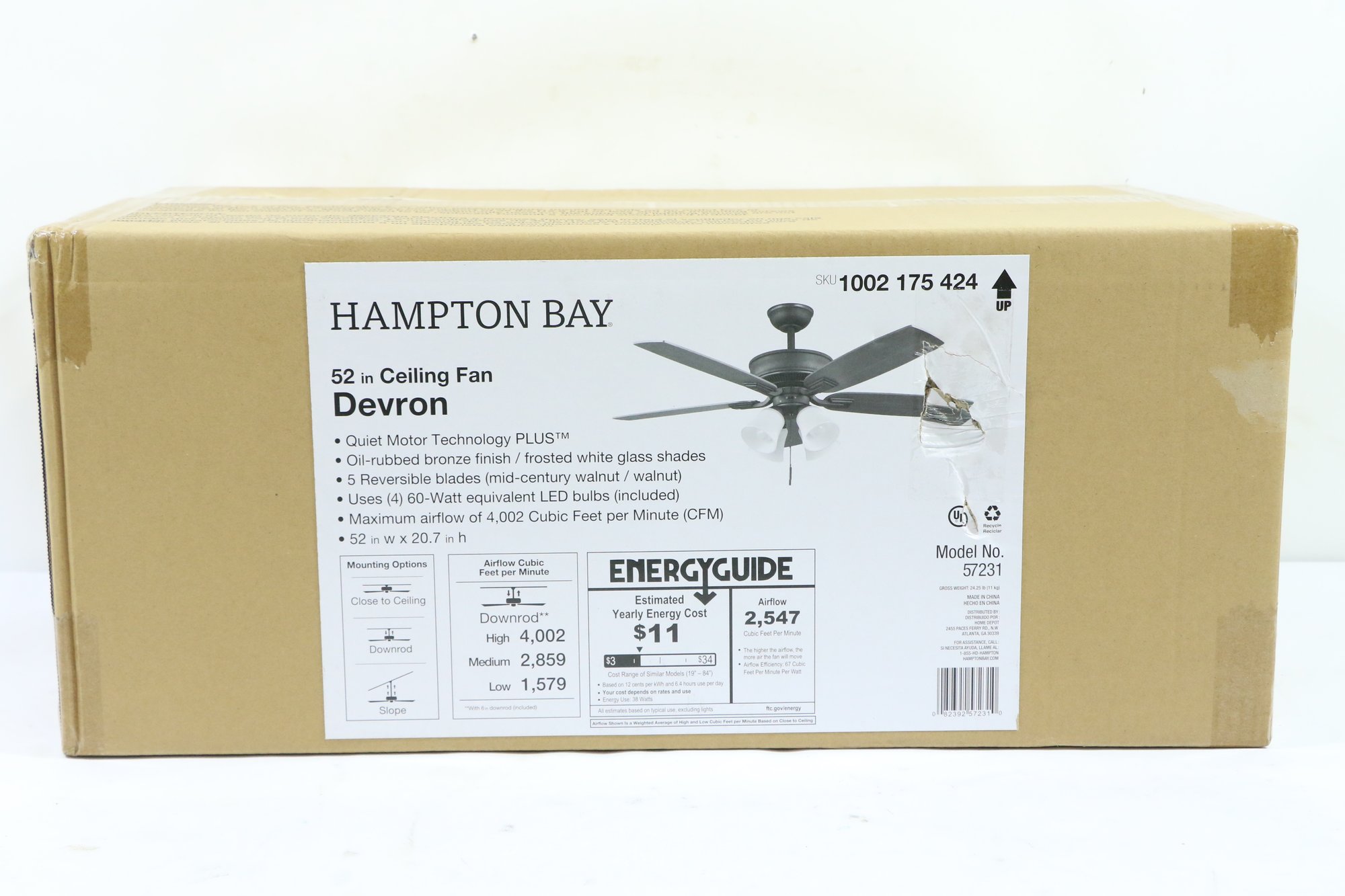 Hampton Bay Devron 52" LED Indoor Brushed Nickel Ceiling Fan W/ Light ...
