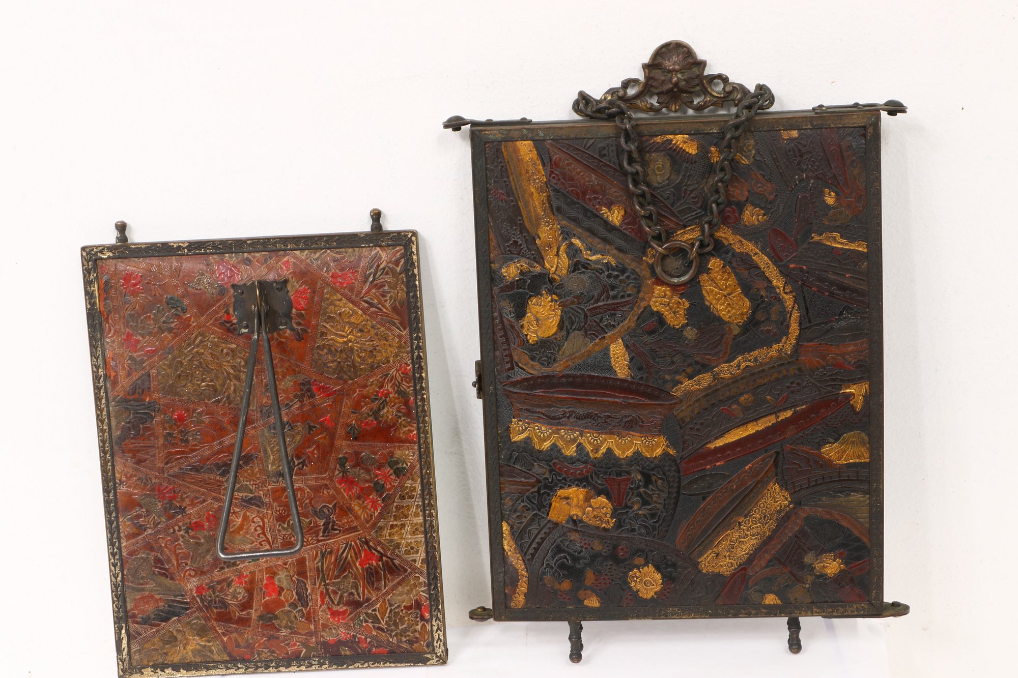 2 Antique Japanese Bronze And Leather Mirrors #196402 | Auctionninja.com