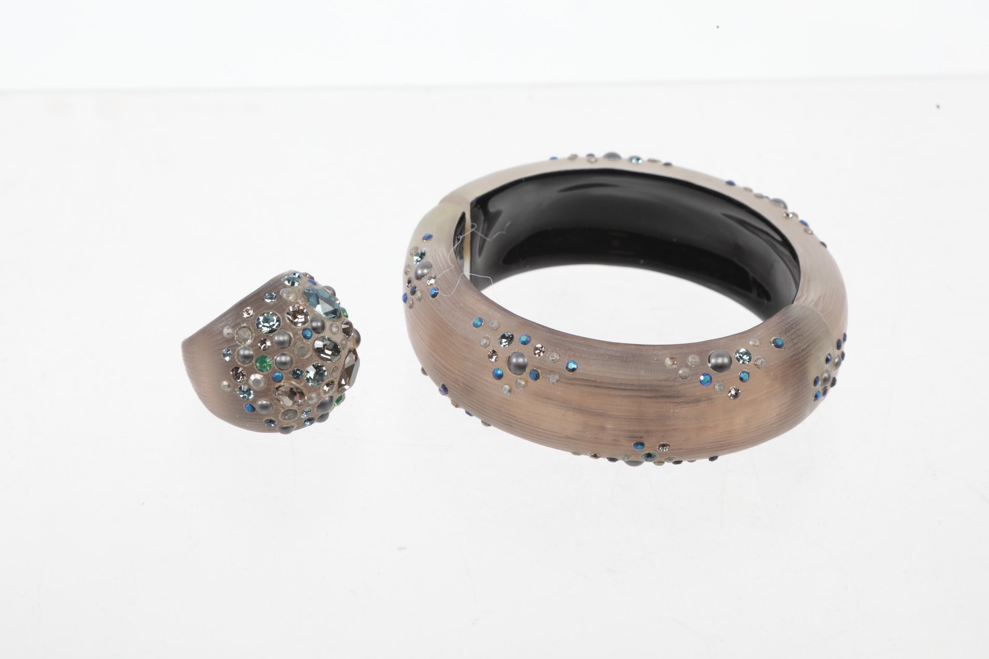 ALEXIS BITTAR Designer Signed Grey Jewelled Lucite Bangle & Dome Ring ...