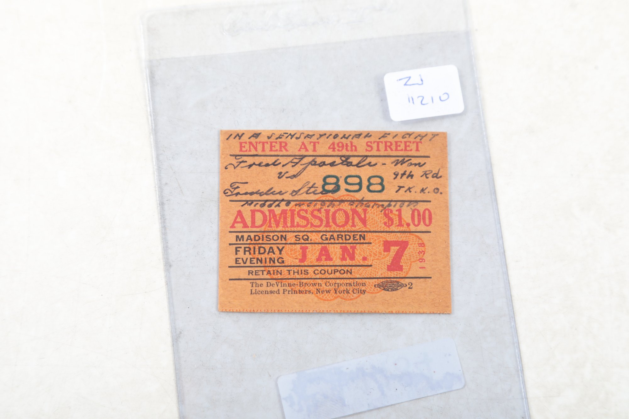 Jan 7, 1938 Boxing Ticket Stub Madison Square Garden Middleweight ...