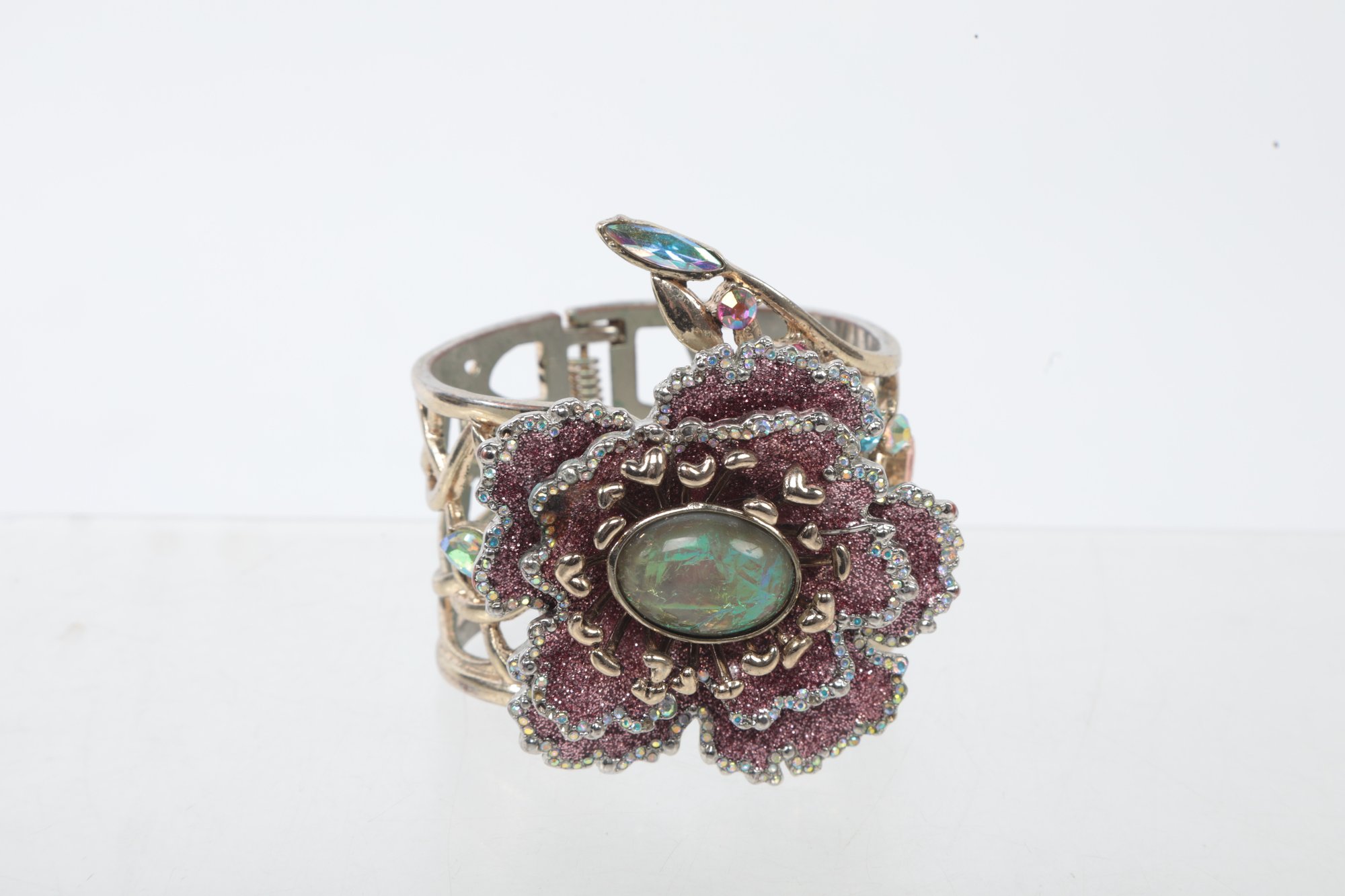 Signed JJ RHINESTONE FLOWER CUFF BRACELET Inset Aurora Borealis Stones ...