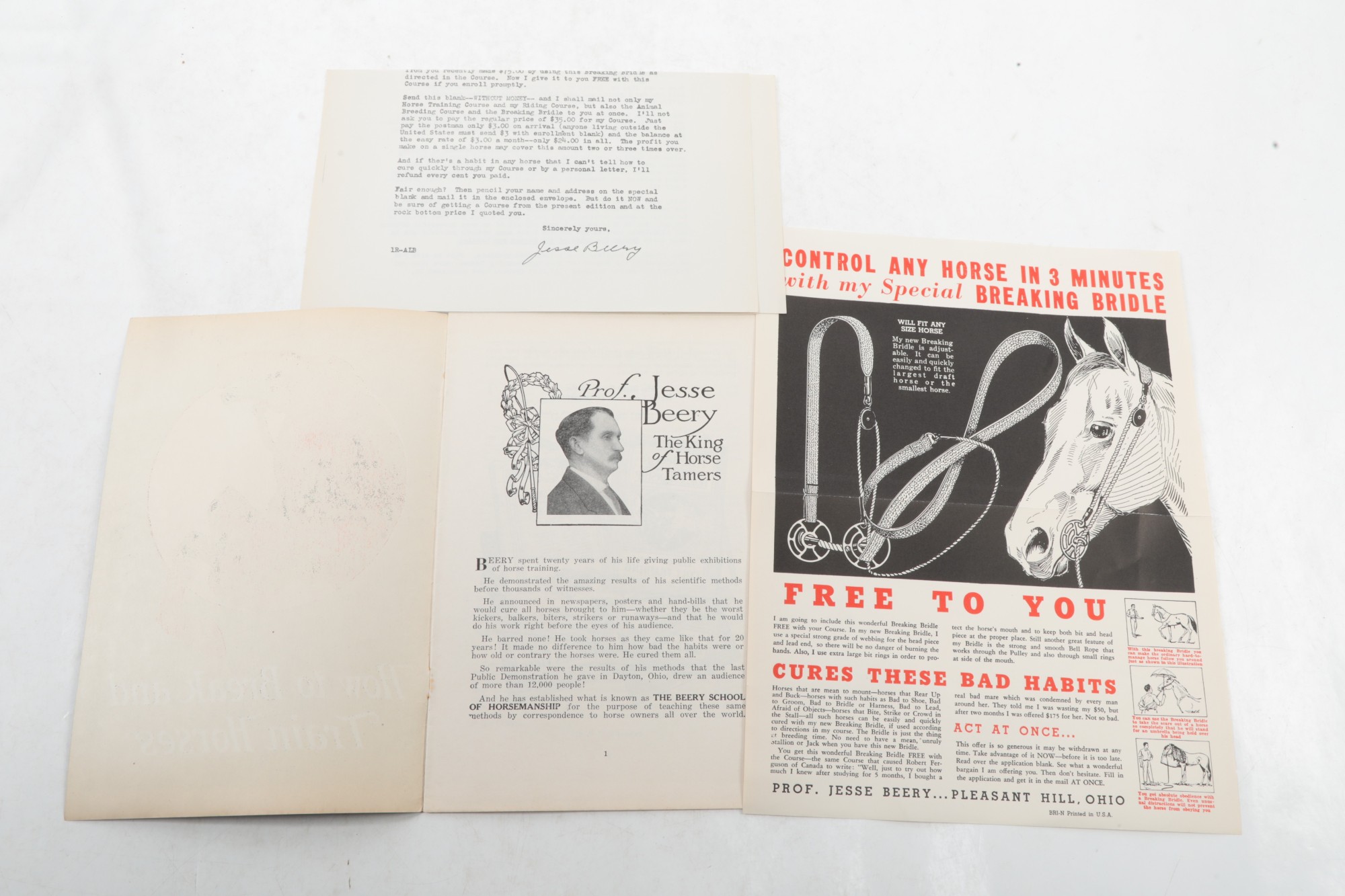VINTAGE HORSE TRAINING EPHEMERA Prof. Jesse Berry, Ohio #222950 ...