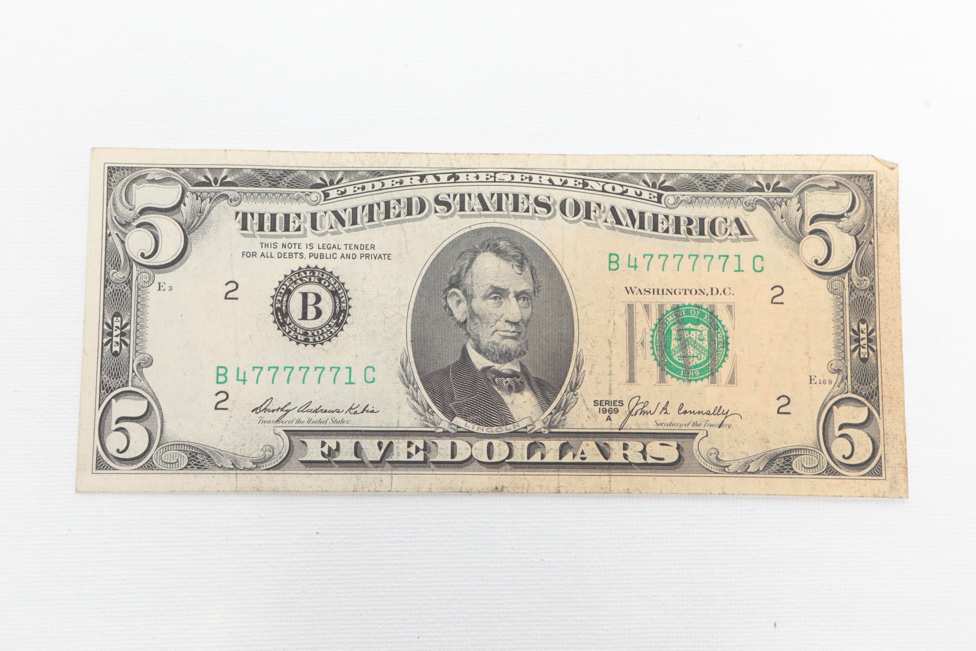 1969 $5 Bank Note With Serial # B47777771 #244403 | Auctionninja.com
