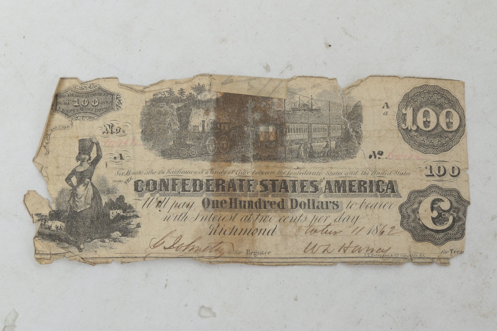 Antique Authentic Confederate 100 Dollar Note #200884 | Auctionninja.com