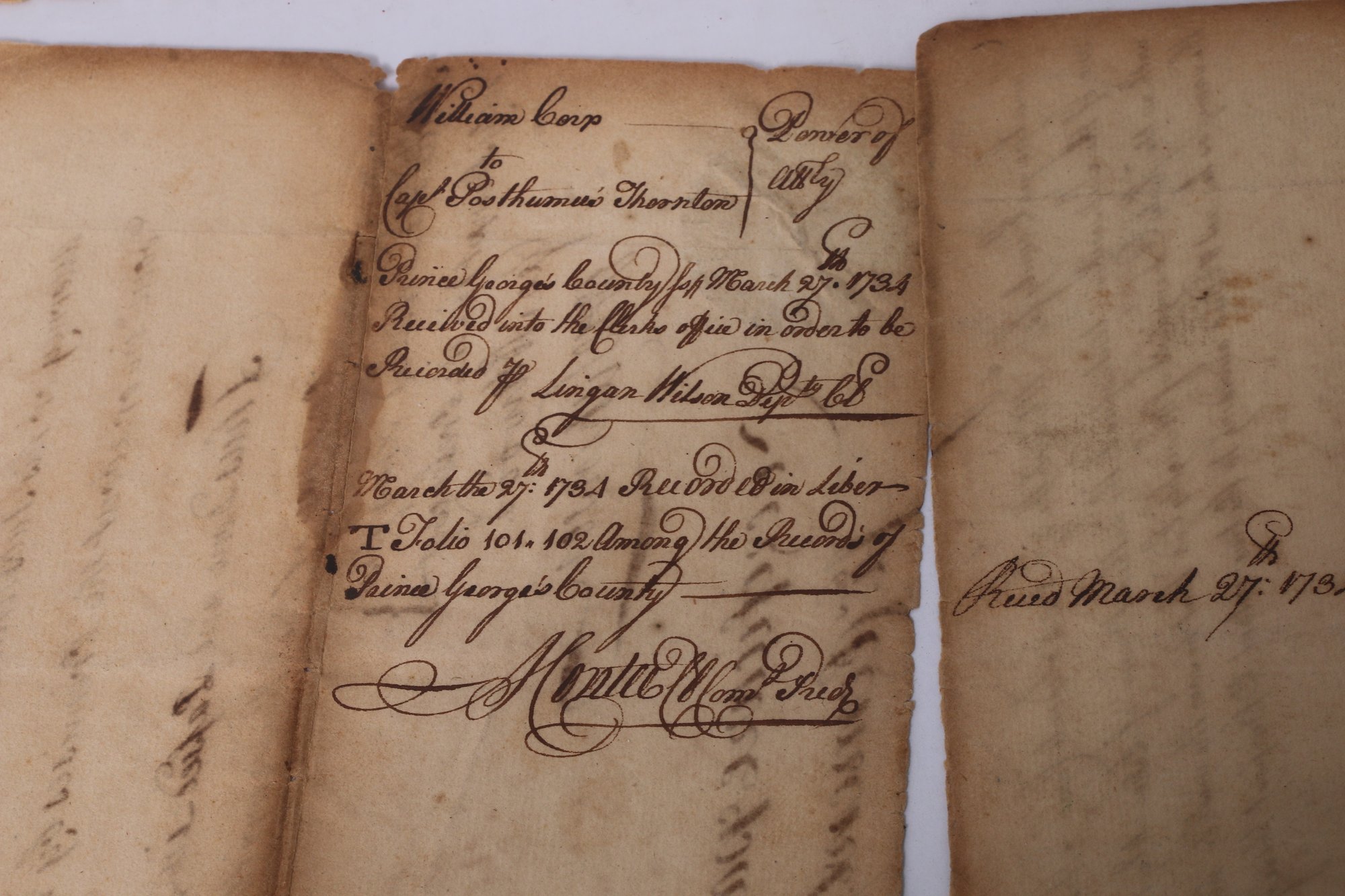 1733 London Power Of Attorney To Capt Posthumus Thornton Recorded 1734 ...