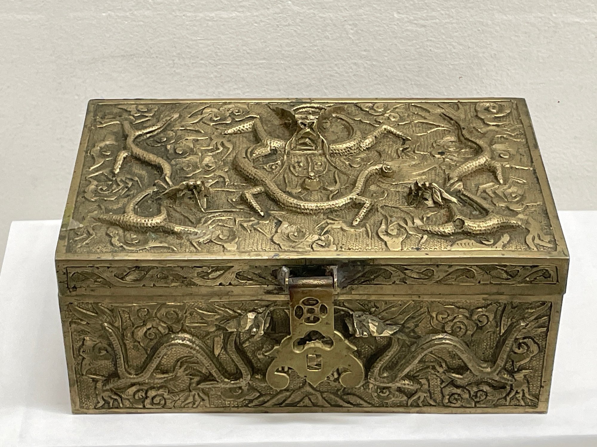 Highly Decorated Antique Chinese Brass Wood Lined Box With Serpents And ...