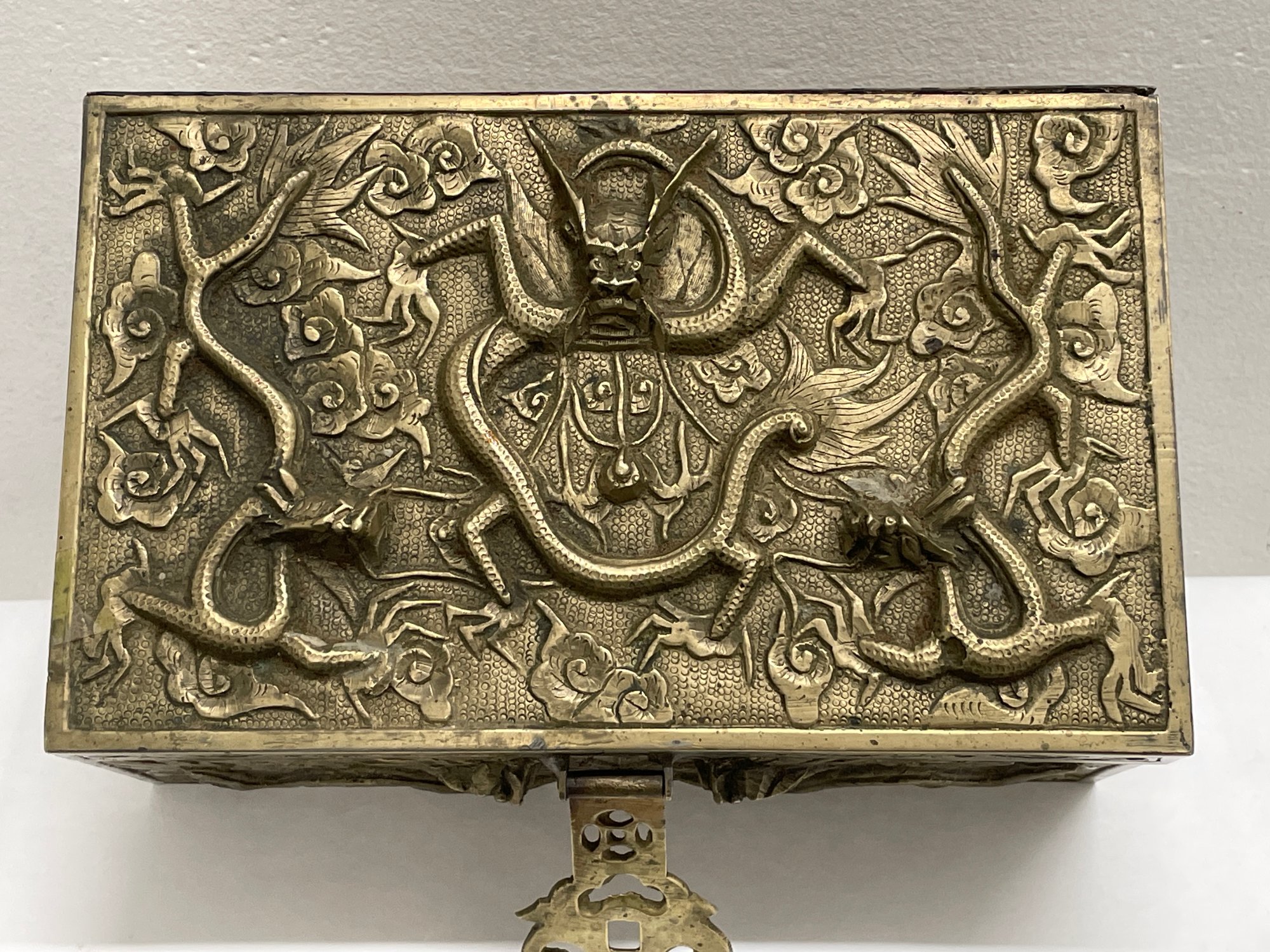 Highly Decorated Antique Chinese Brass Wood Lined Box With Serpents And ...
