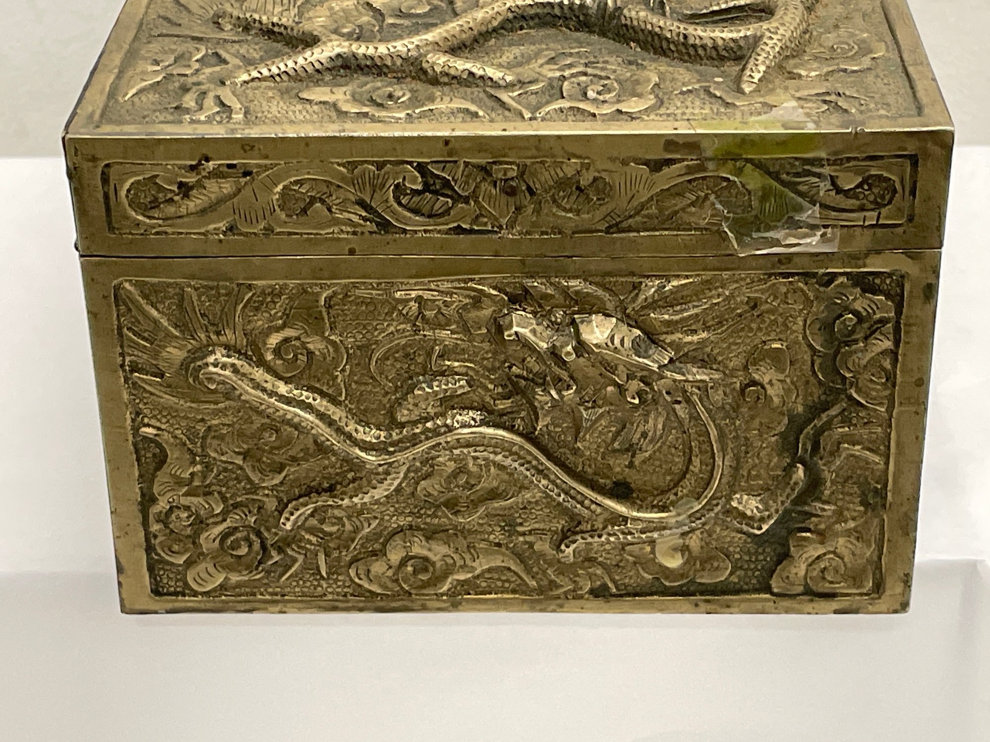 Highly Decorated Antique Chinese Brass Wood Lined Box With Serpents And ...