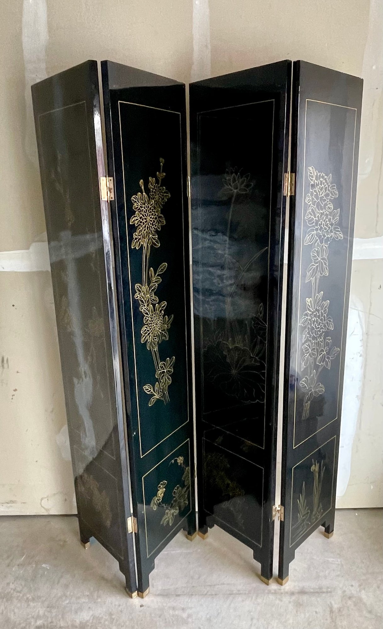 Vintage Asian Black Lacquer 4-Panel Folding Screen Room Divider #16576 ...