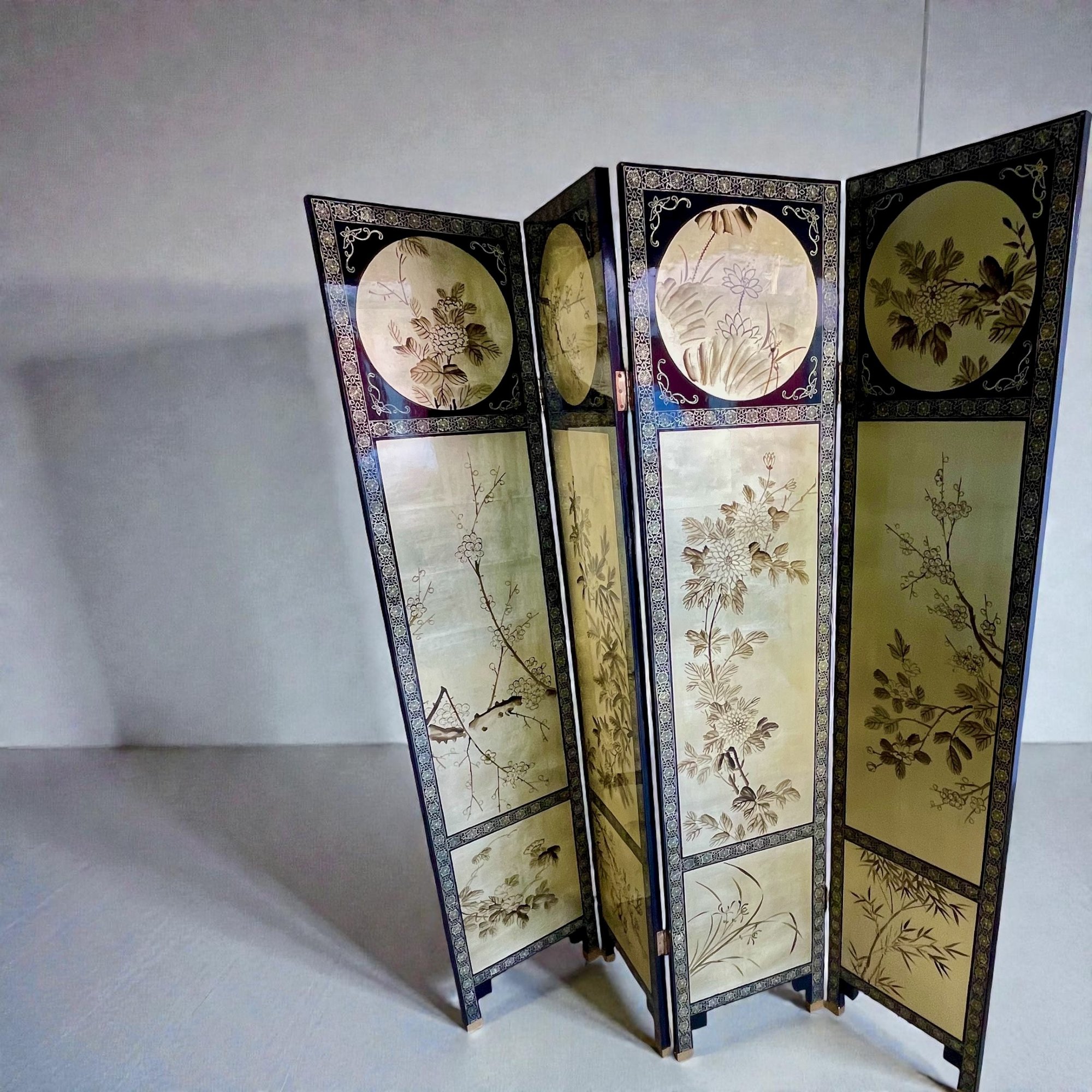 Vintage Asian Black Lacquer 4-Panel Folding Screen Room Divider #16576 ...
