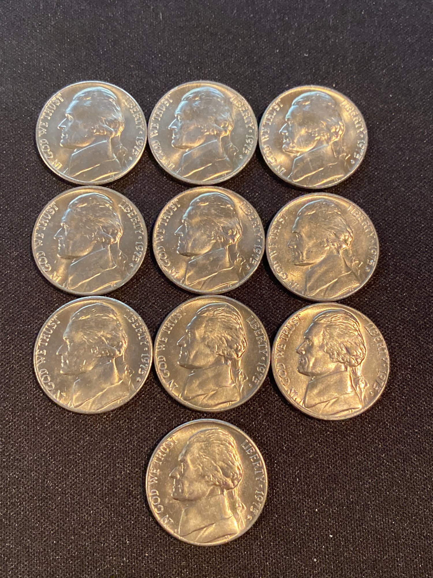1975 D Jefferson Nickel Coin Lot Of 10. BU #25156 | Auctionninja.com