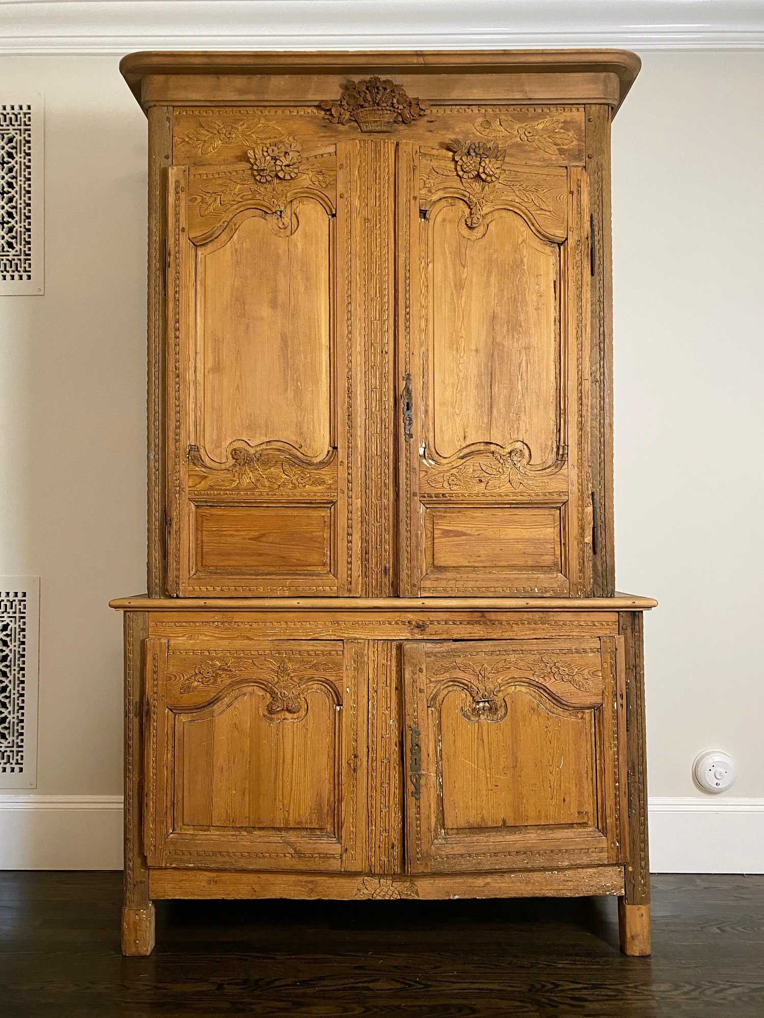 Antique Pine Two-Piece Breakfront With Stunning Carved Details & Metal ...