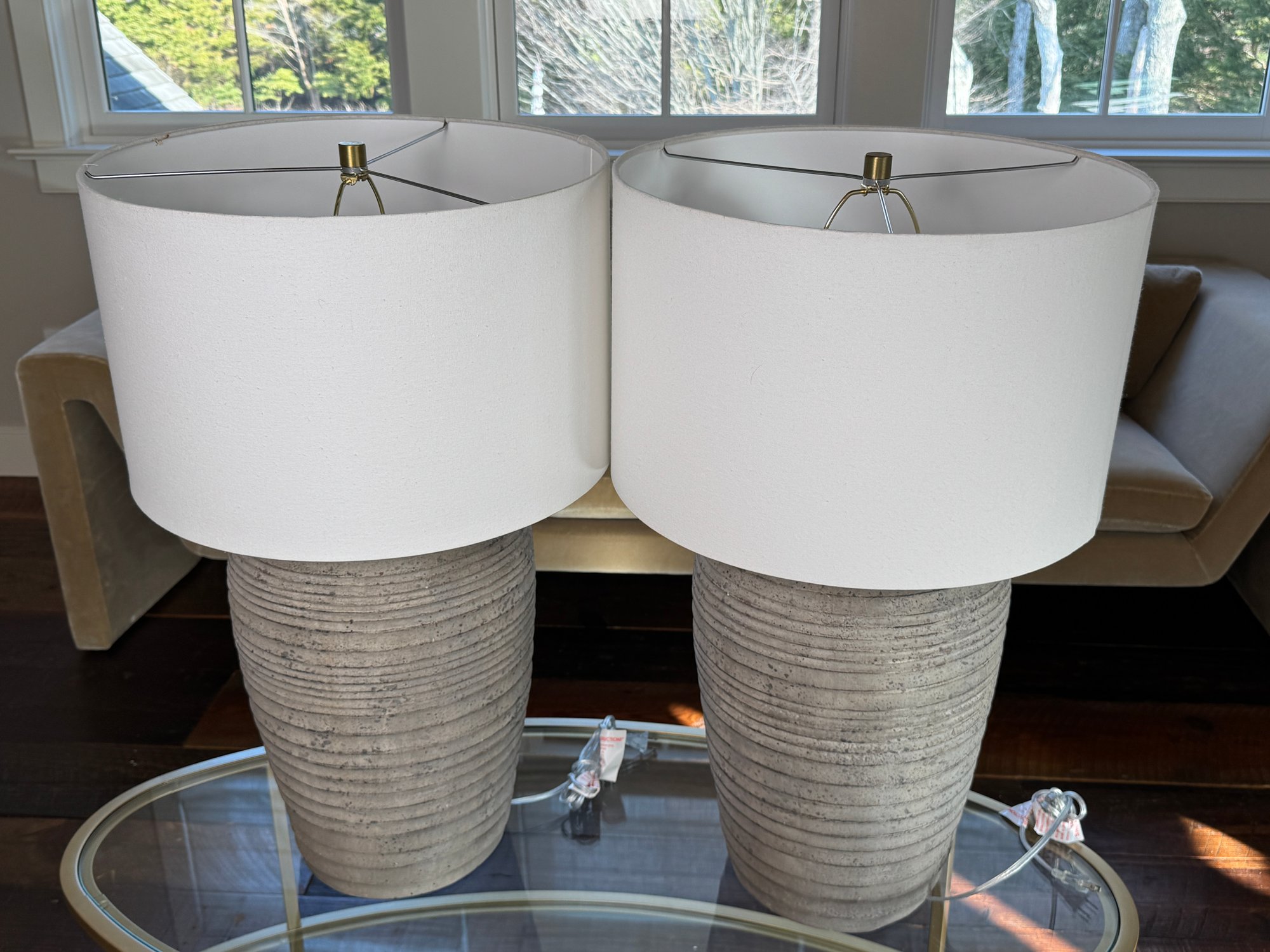 Pair Of Large Scale Ribbed Ceramic Table Lamps With White Linen Shades ...