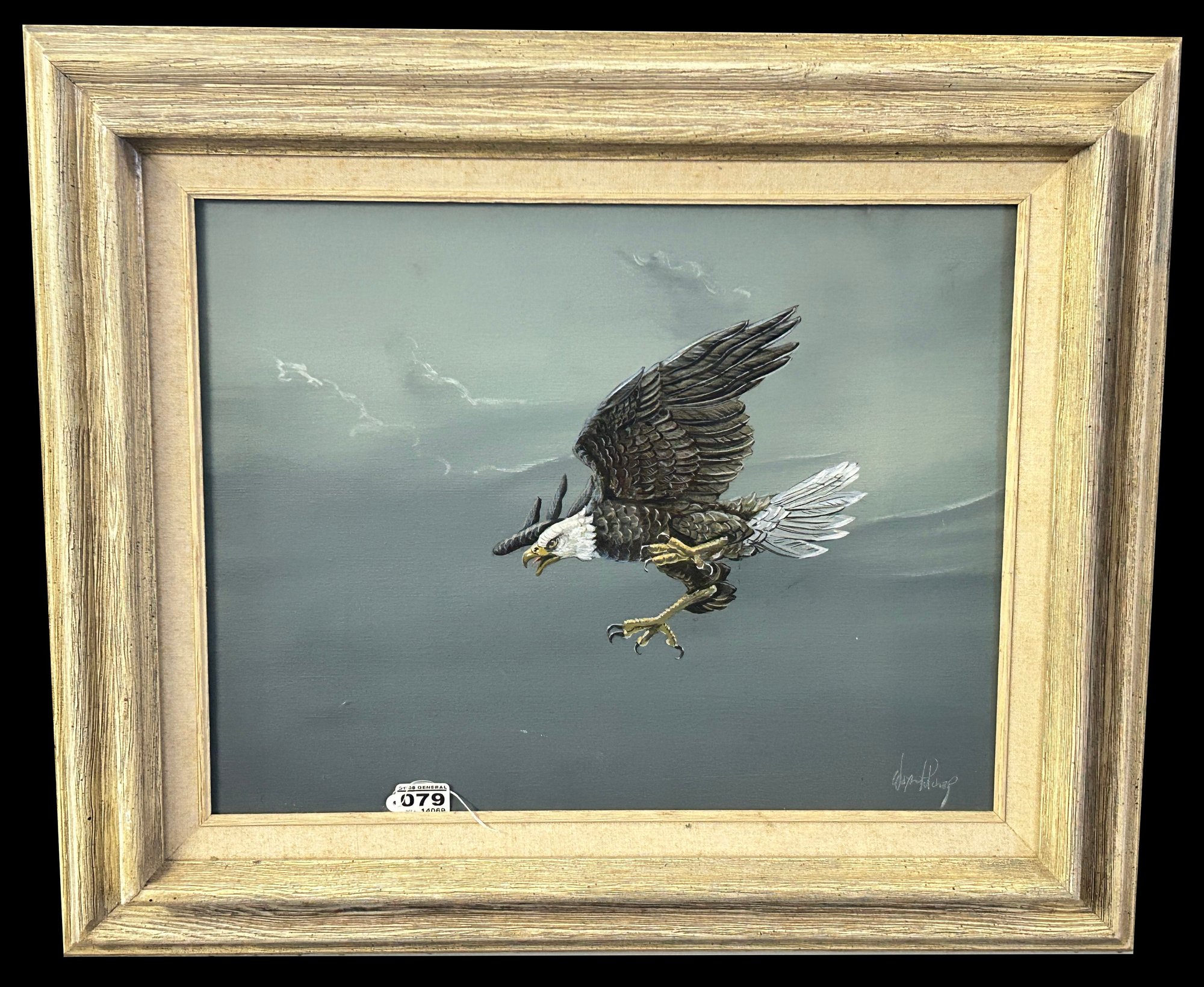 Framed Oil On Canvas Of Bald Eagle On The Hunt, Frame 24.5" X 20.5 ...