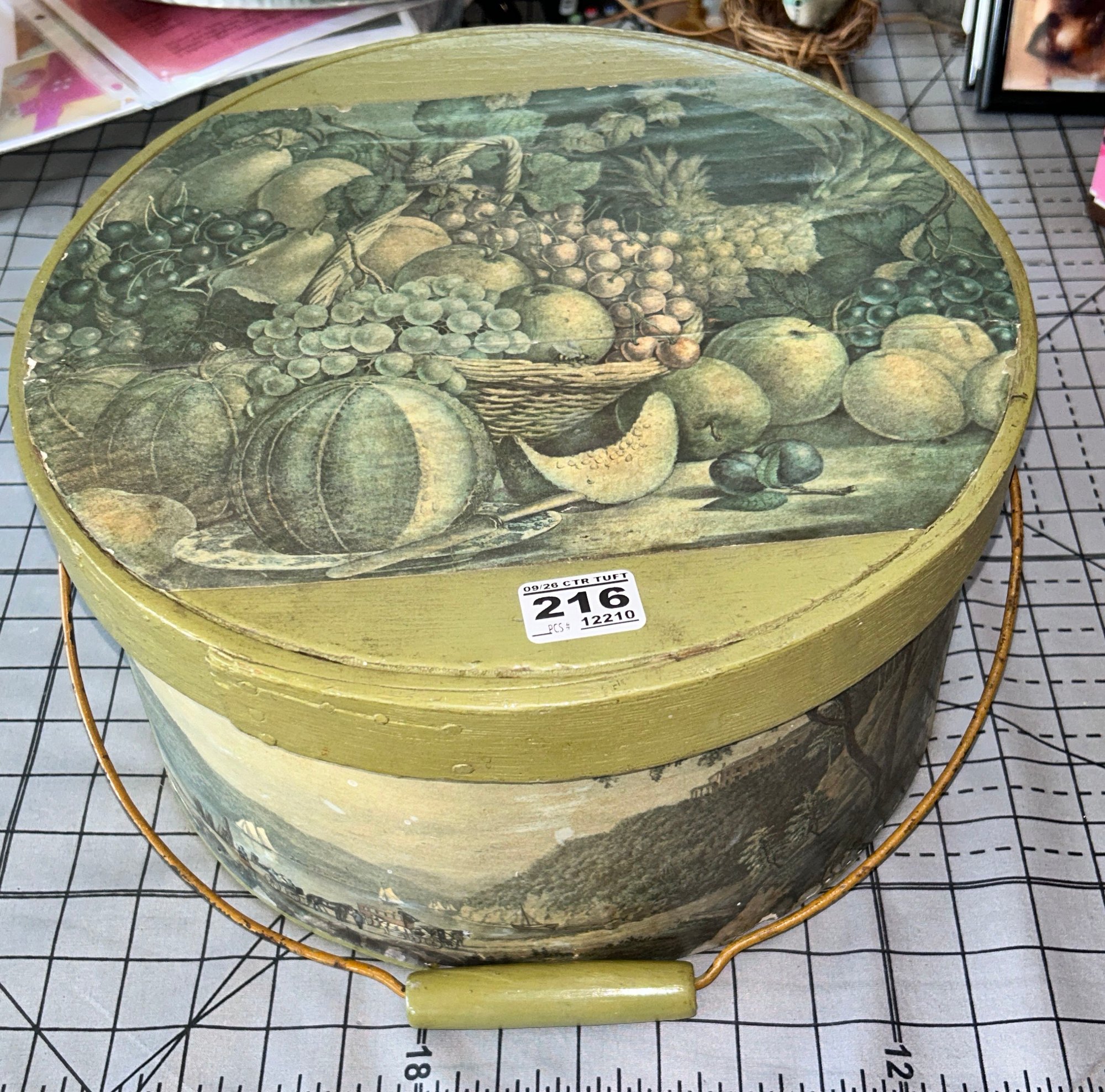 12" Diam. Green Painted And Decoupaged Pantry Box With Swing Handle ...