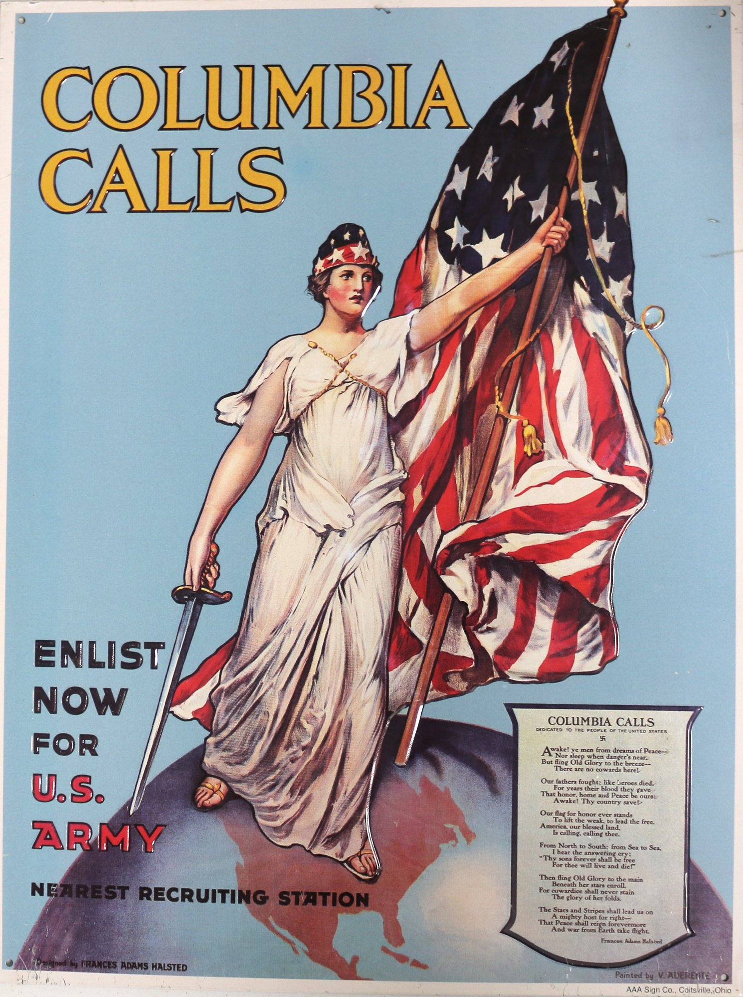 "Columbia Calls - Enlist Now For US Army" - Tin Sign 12" X 16" Made By ...