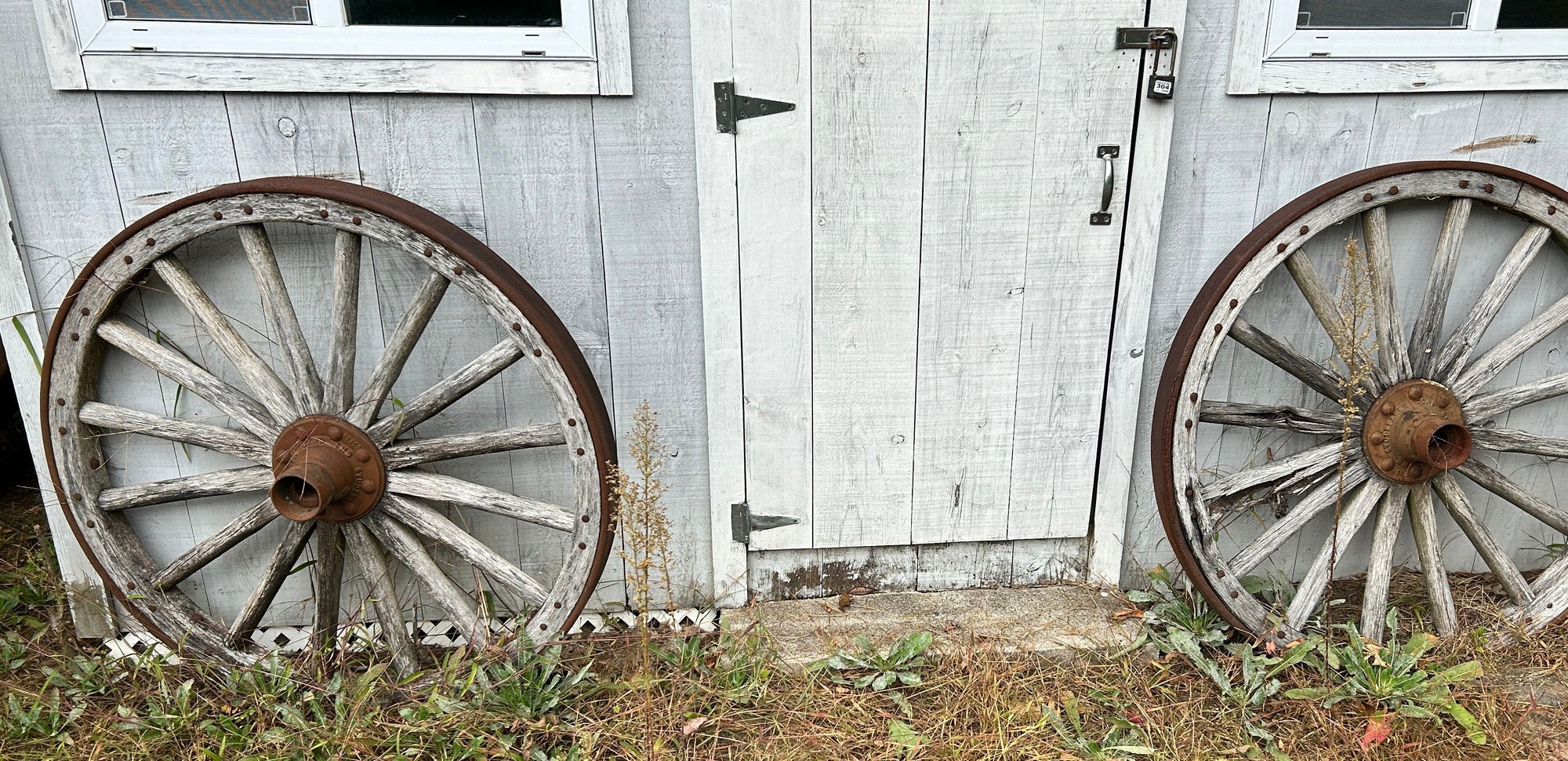 EXTREMELY Heavy Pair 43" Diam. Antique Metal Rimmed Wagon Wheels ...