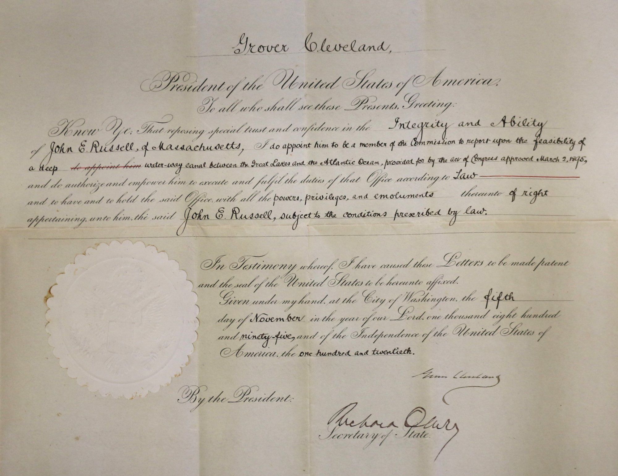 Original President Grover Cleveland Signature On 1895 Appointment ...