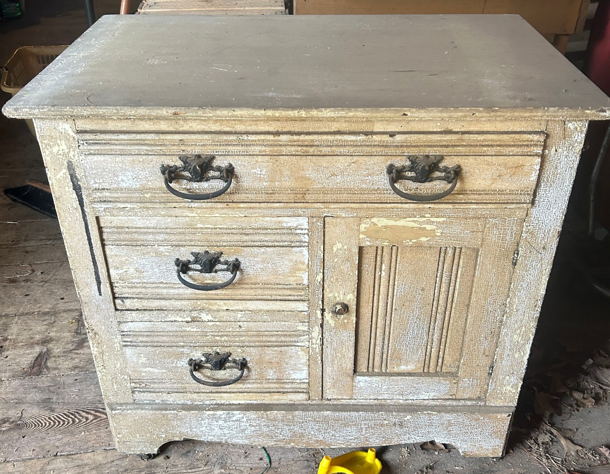 Antique Shabby Chic Painted Wash Stand, 3-Drawers, 1-Door, 30.25" X 17. ...