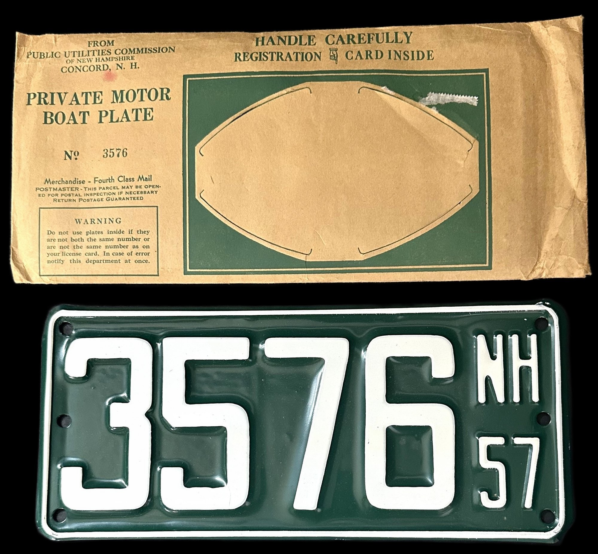 Unused 1957 New Hampshire Boat License Plate With Original Mailing ...