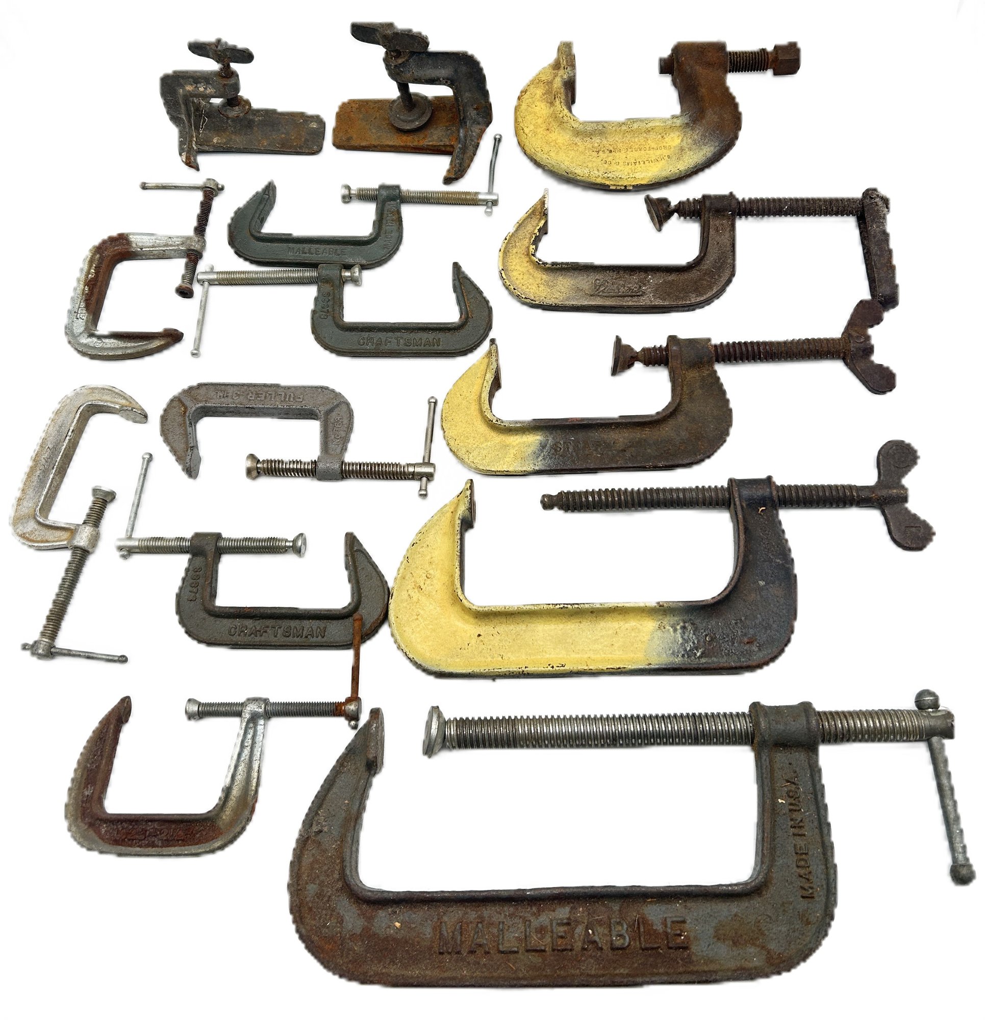 14 Pcs Collection Of Vintage C-Clamps In Wooden Crate-Craftsman, Fuller ...