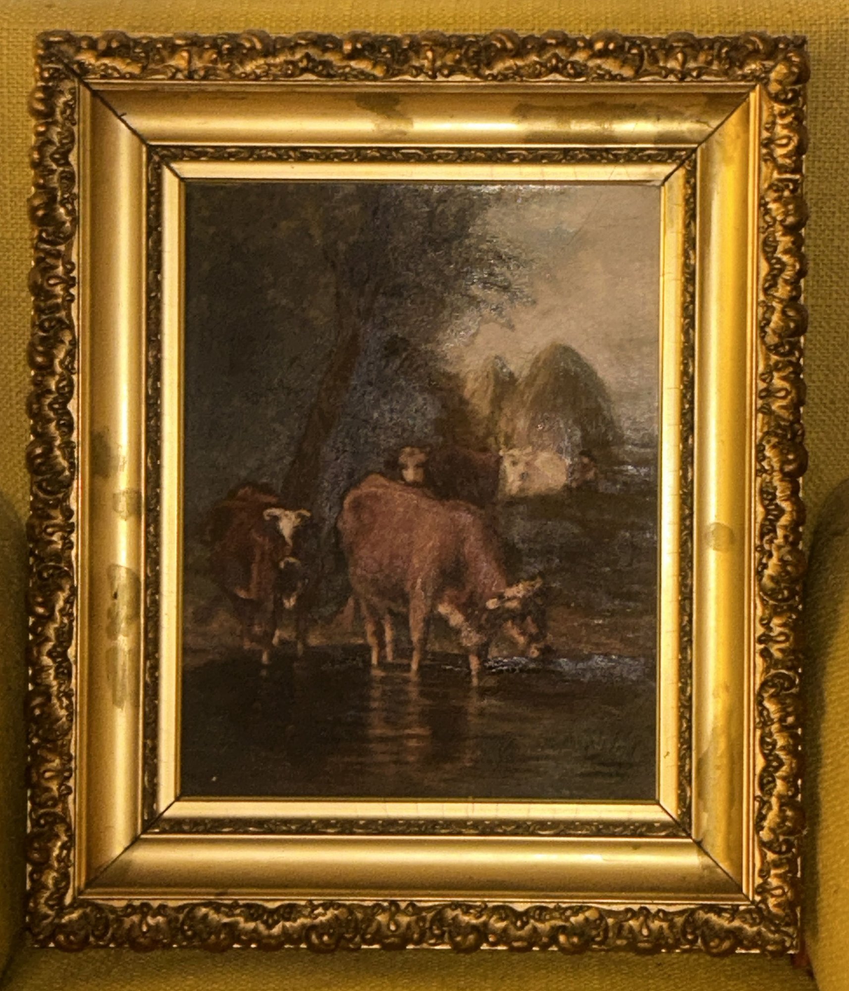 Antique Oil Painting Of Cows At Watering Hole In Gold Frame, 17" X 19.5 ...