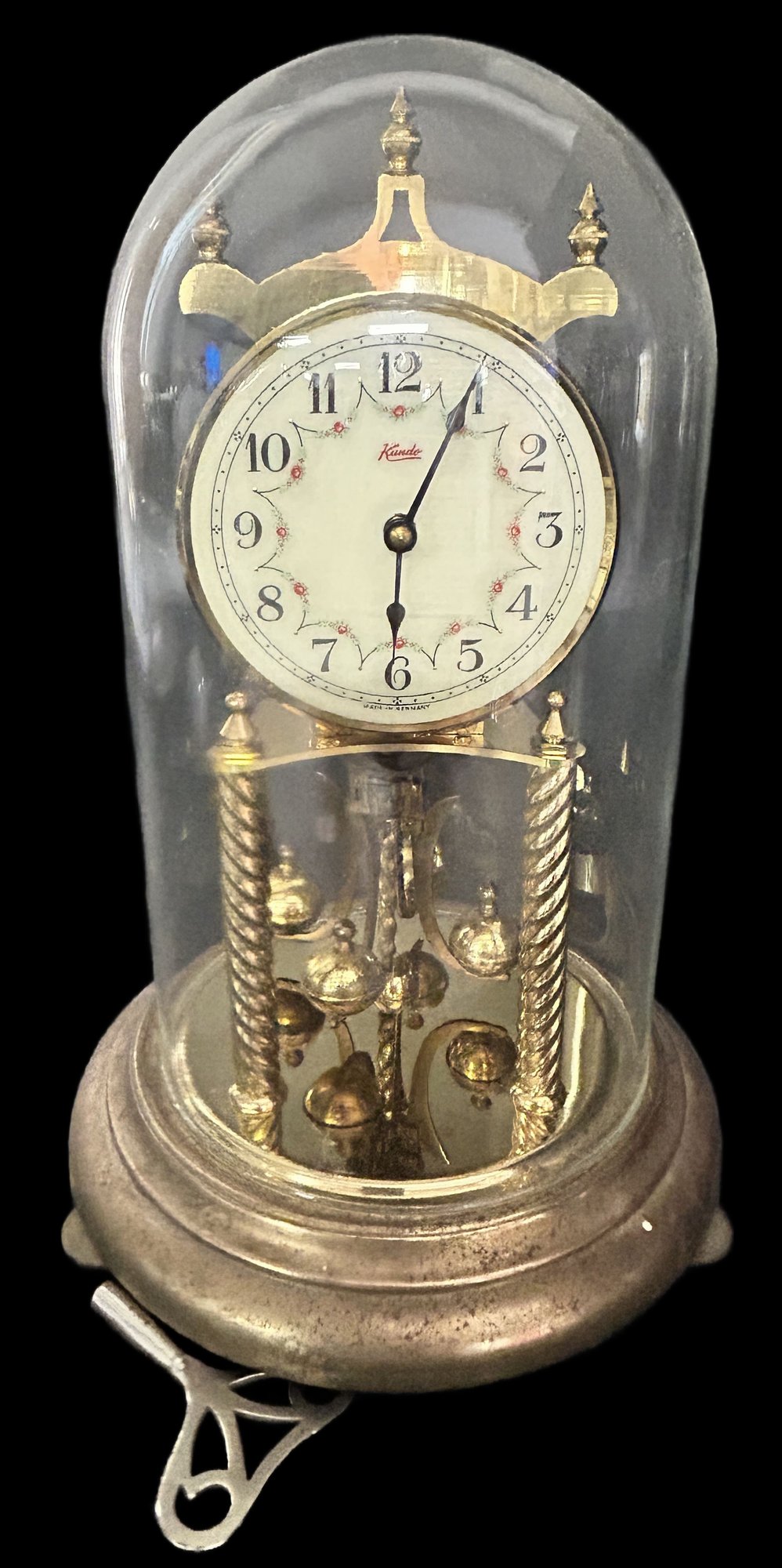 Vintage Brass And Glass German Kundo Anniversary Clock Under Dome, 11.75"H, Key Present, Working ...