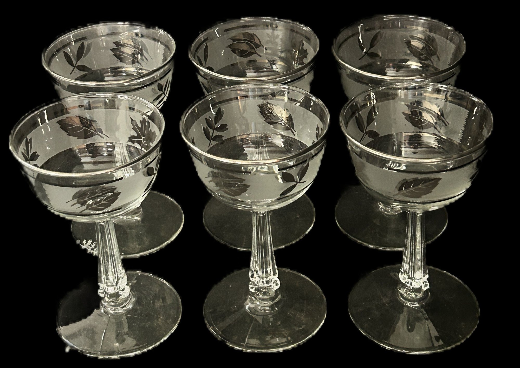 6 Pcs Vintage Libby Silver Leaf Champagne Glasses, 4.75"H, No Chips R ...