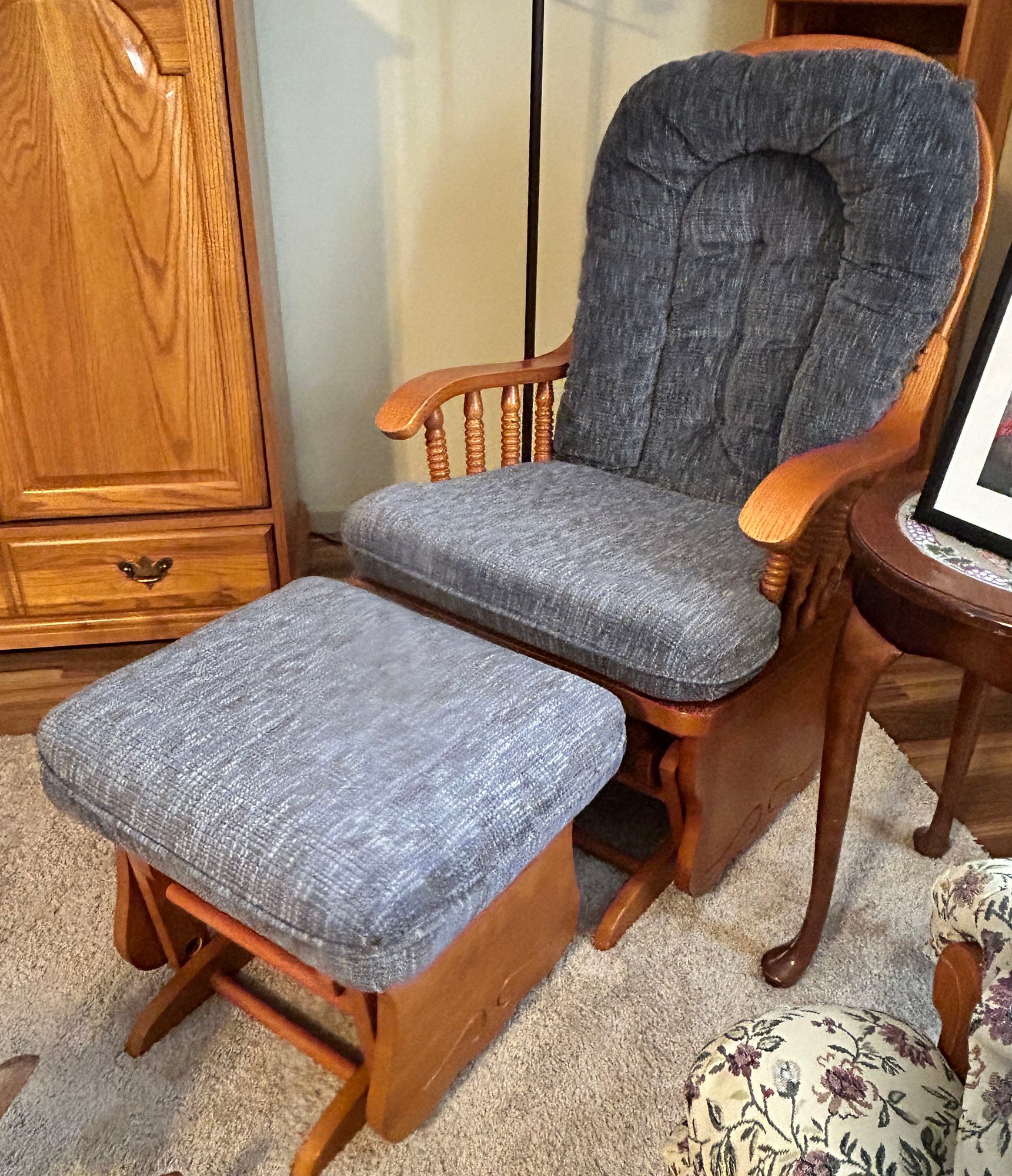 Vintage American Colonial Style Wooden And Upholstered Glider Rocker ...