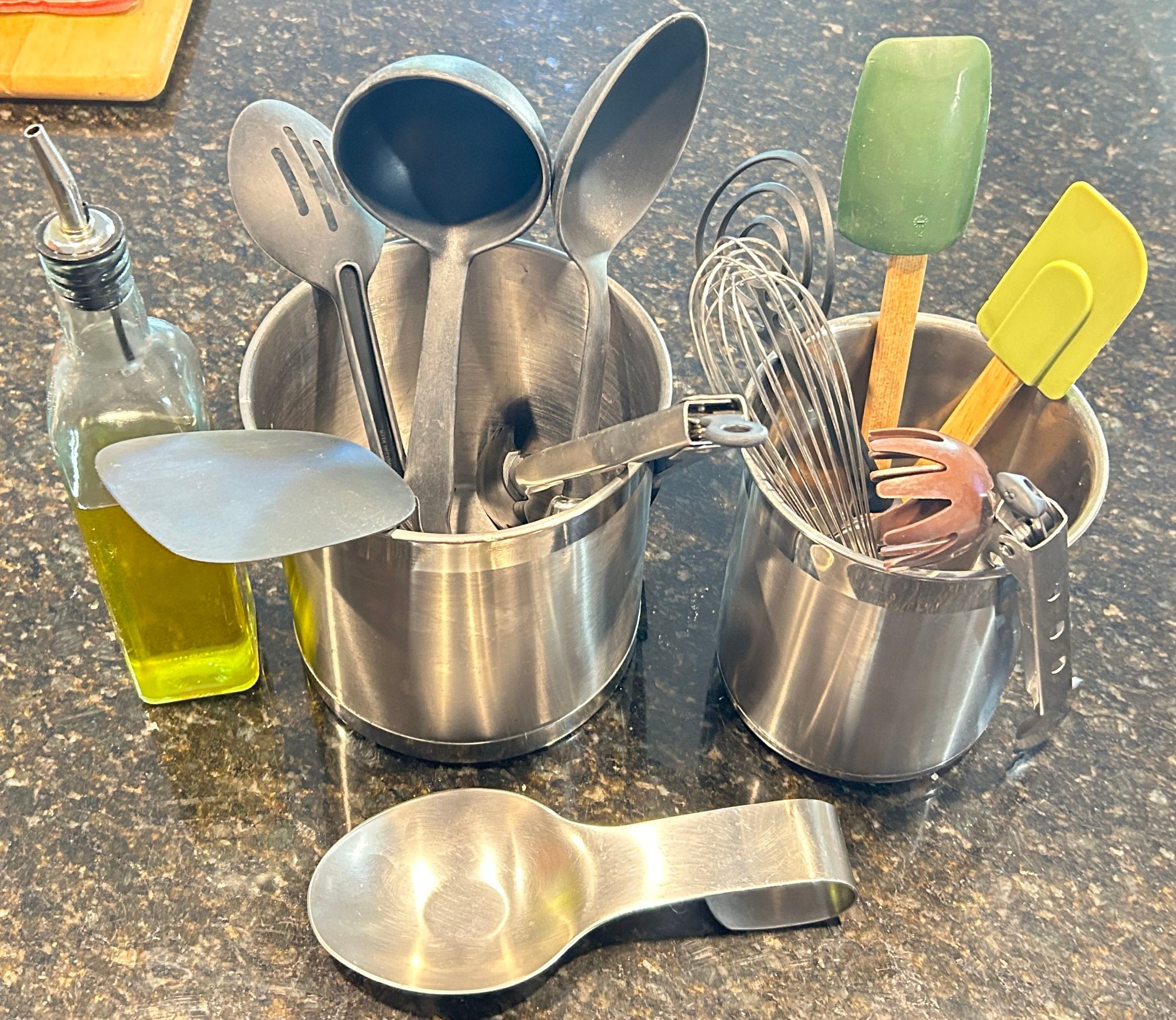 Various Kitchen Utensils, Stainless Crocks, Stainless Spoon Rest And ...
