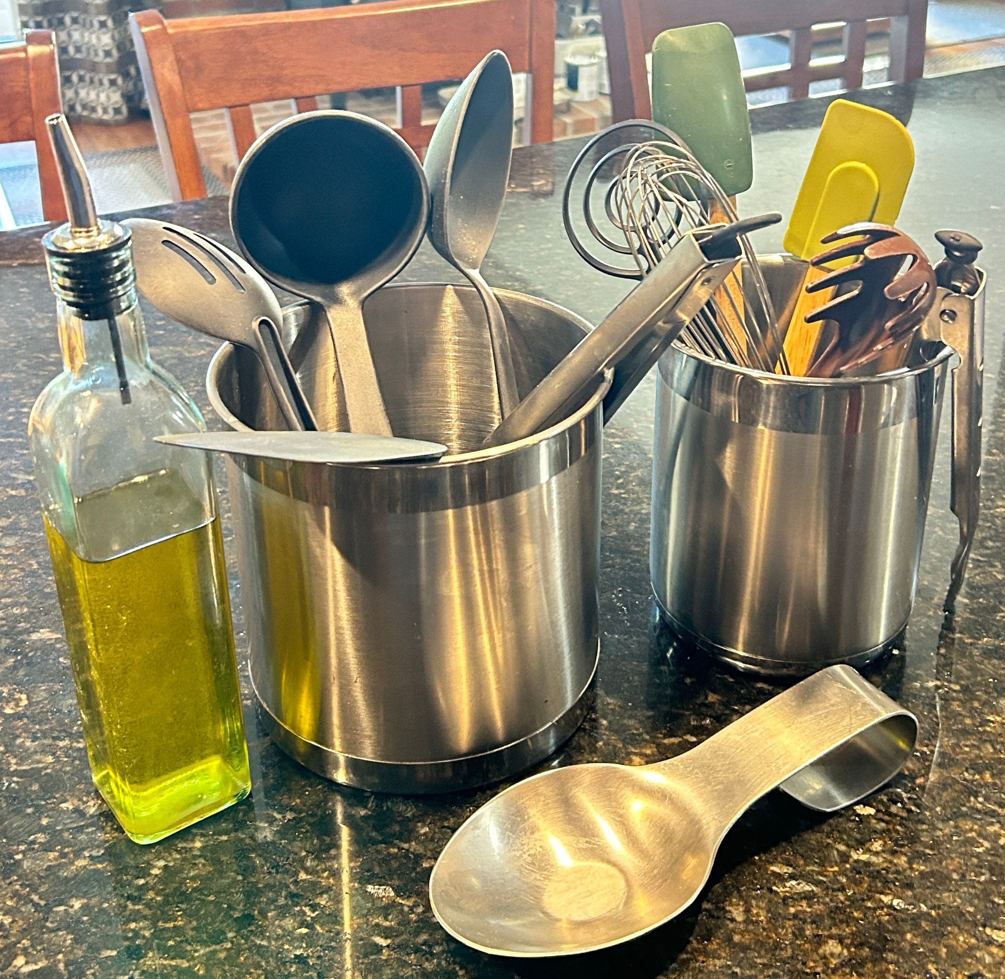 Various Kitchen Utensils, Stainless Crocks, Stainless Spoon Rest And ...