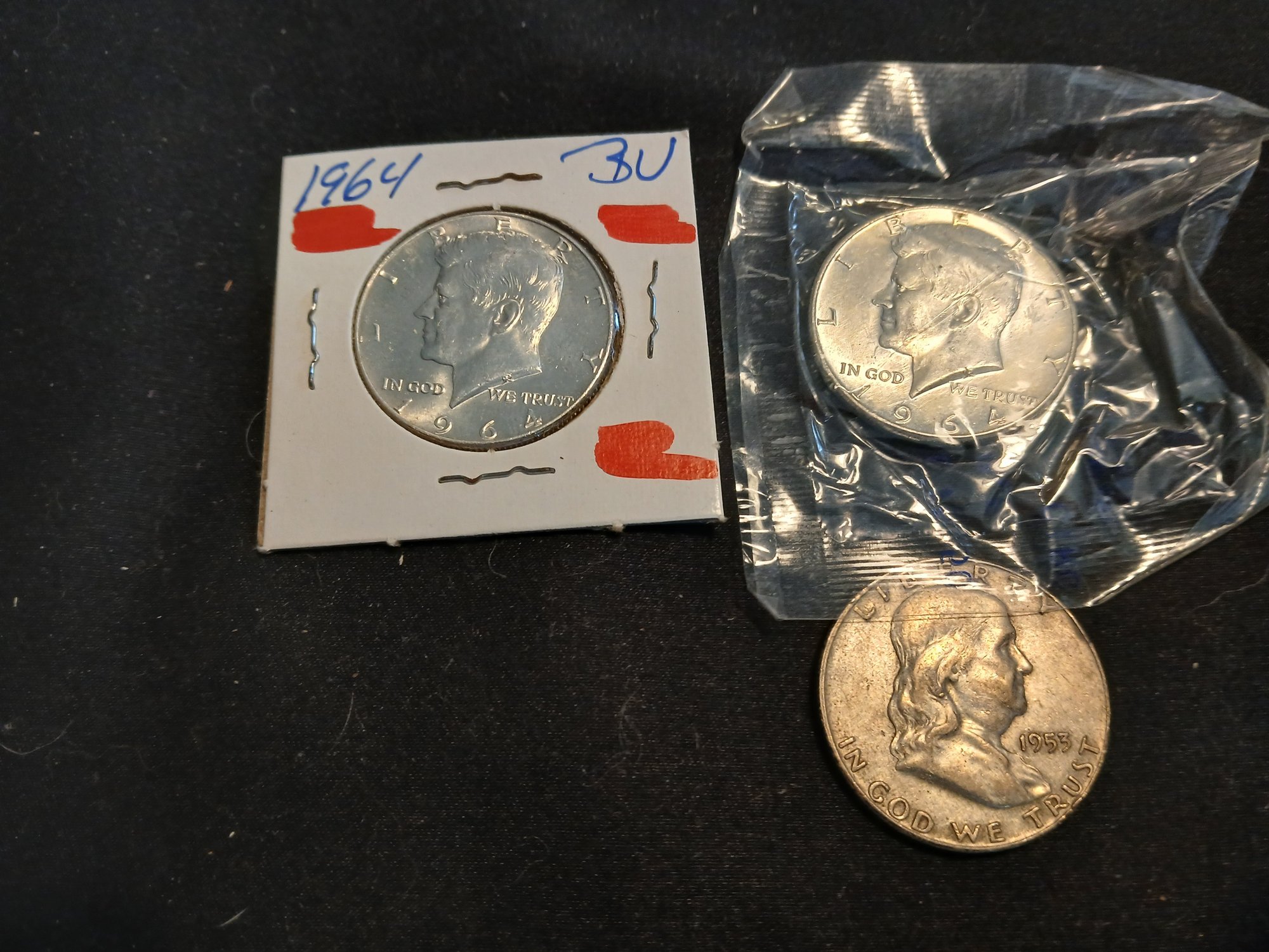 Coins . (3) 90% Silver Half Dollars , 2 (1964) 1 (1953) #10097 ...