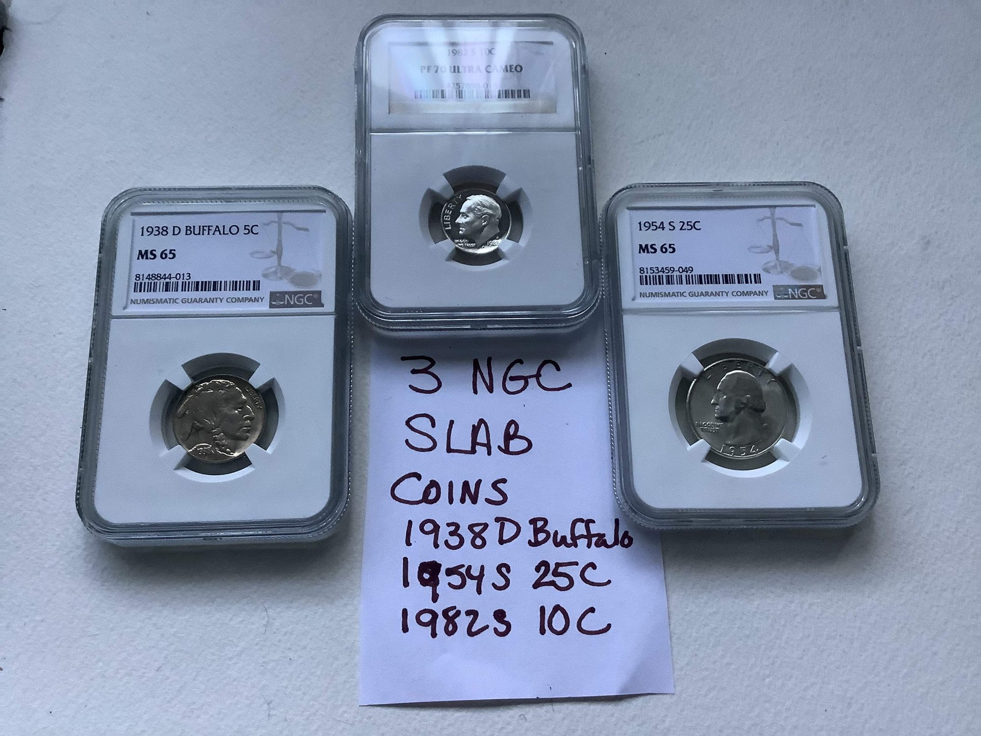 3 NGC SLAB COINS-- 1938D BUFFALO, 1954S 25C, 1982S 10C #2366 ...