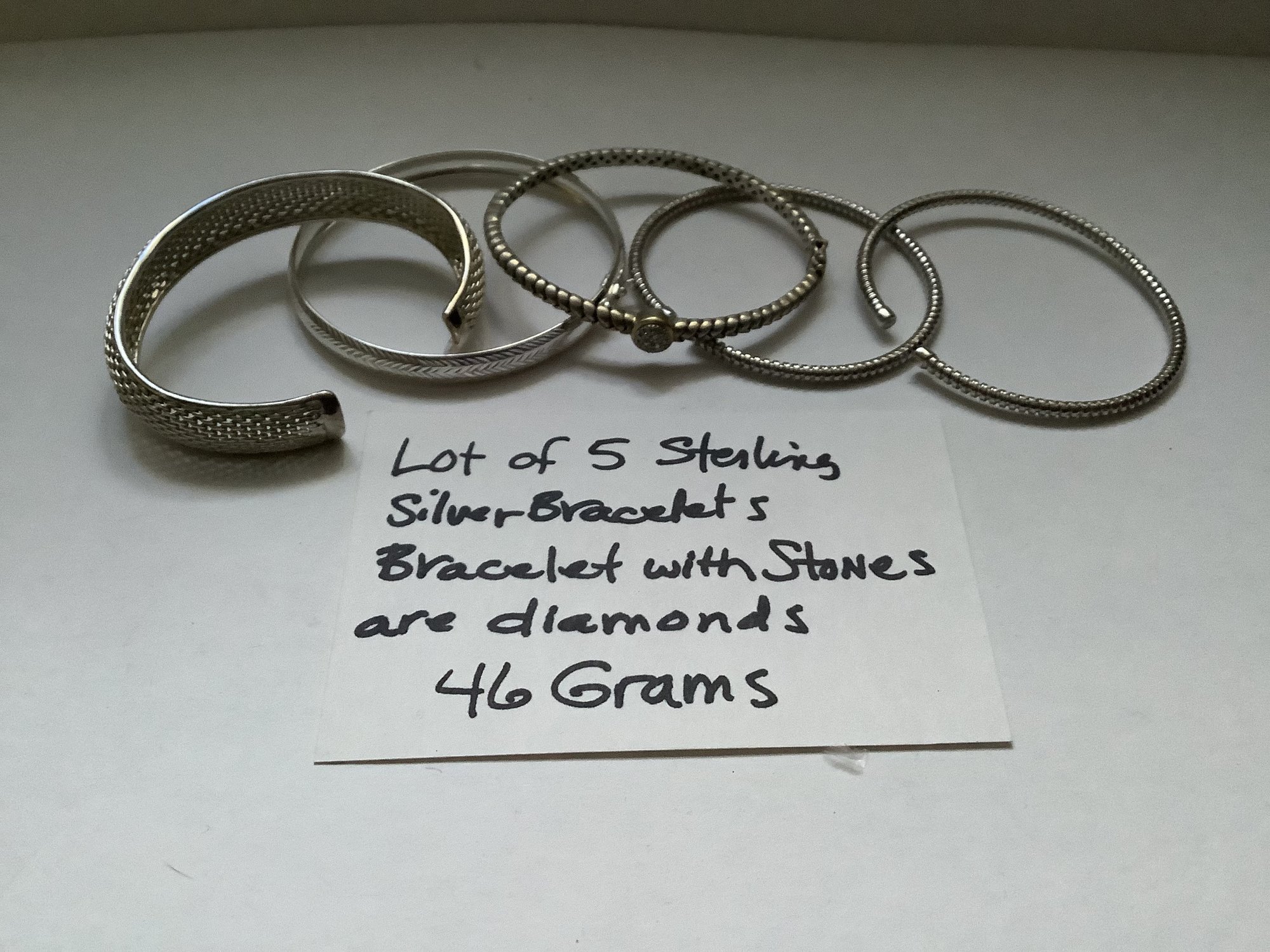 LOT OF 5 STERLING SILVER BRACELETS, BRACELET W/STONES ARE DIAMONDS 46 ...
