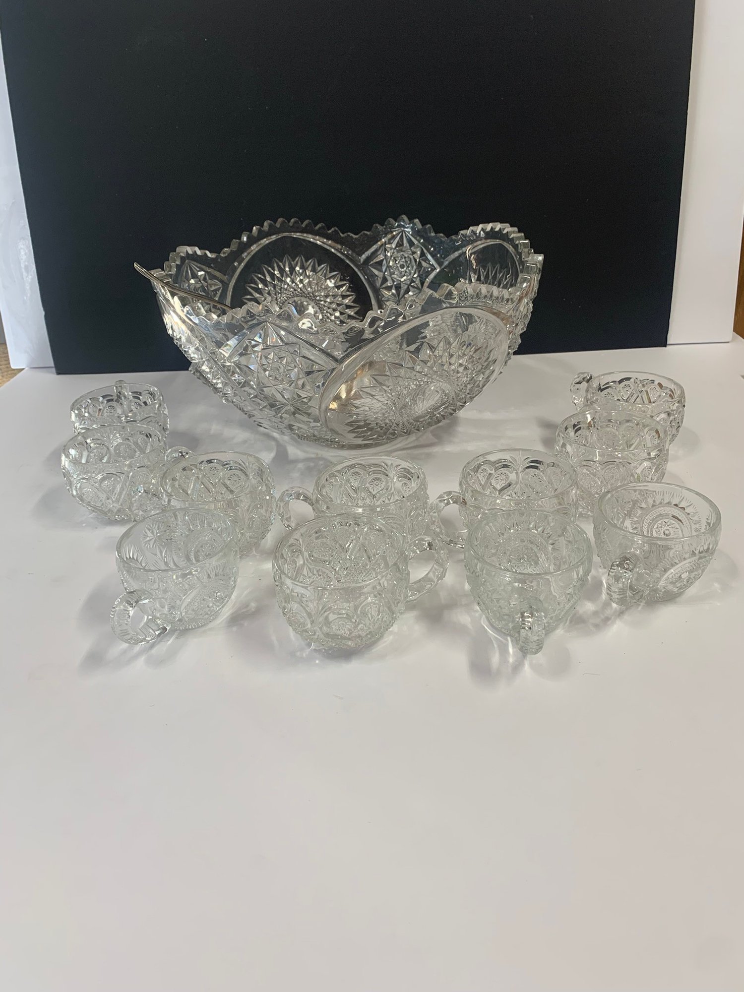 EARLY CUT GLASS PUNCH BOWLS SET WITH SILVER PLATED LADLE #10310 ...