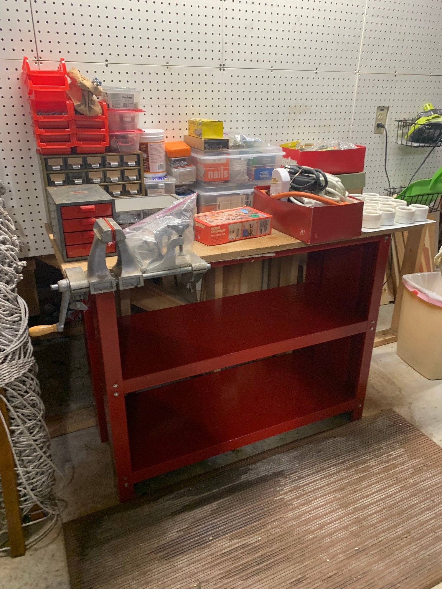 RED WORKBENCH WITH VICE, 48"W X 20"D X 36" H #7082 | Auctionninja.com