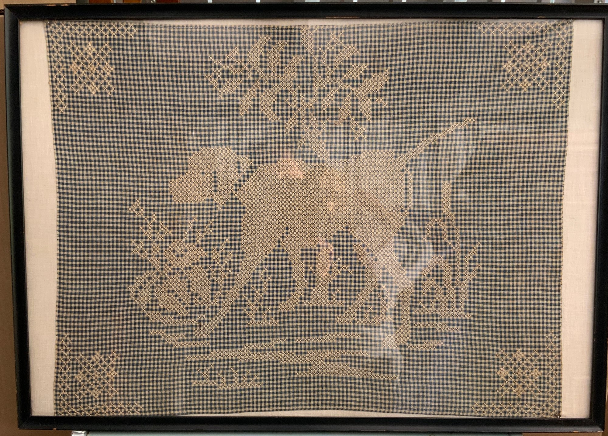 Blue And White Check Needlework Of Dog Framed #2725 | Auctionninja.com