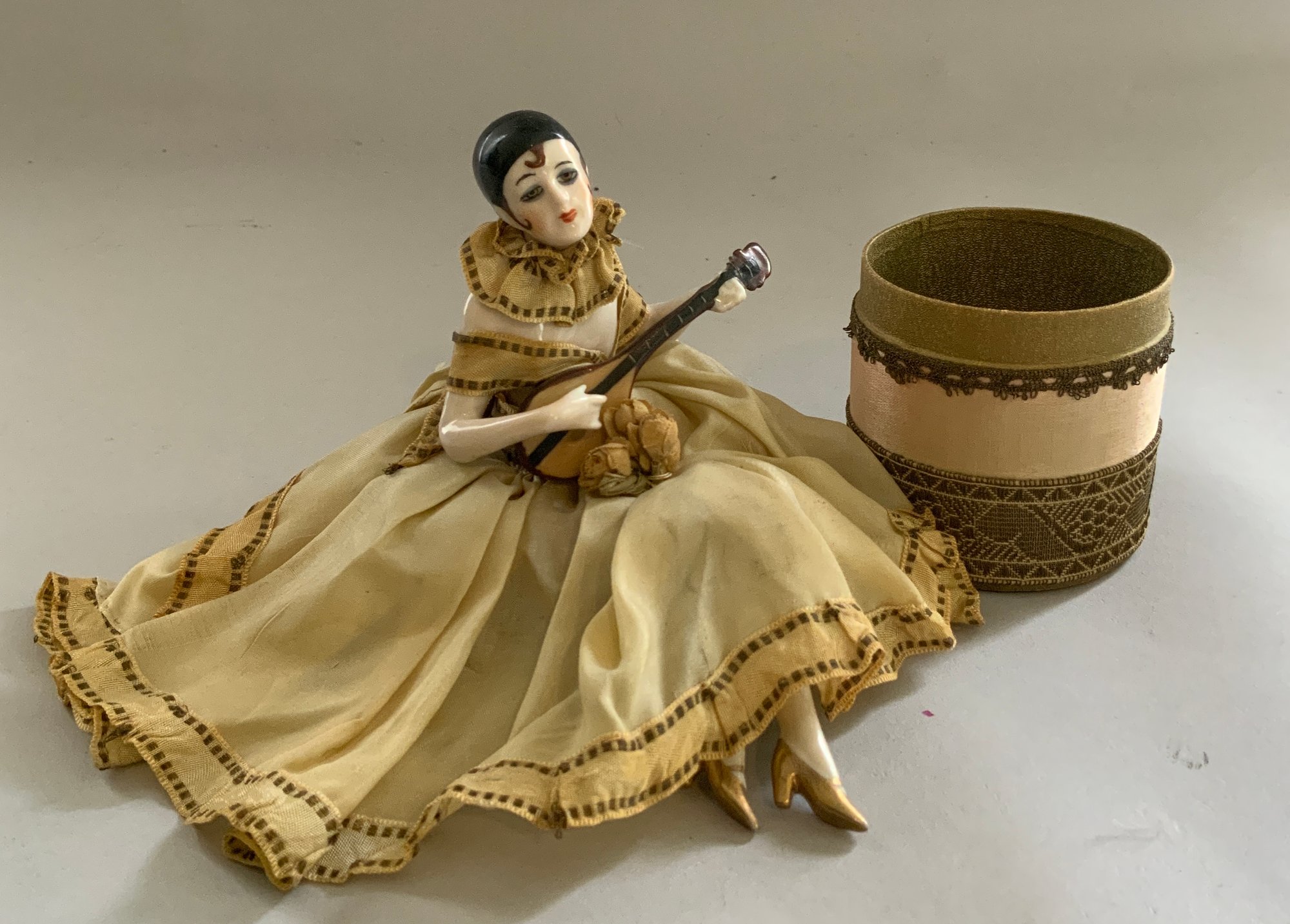 8 Half Doll Candy Container Lady Playing Ukulele #2961 | Auctionninja.com