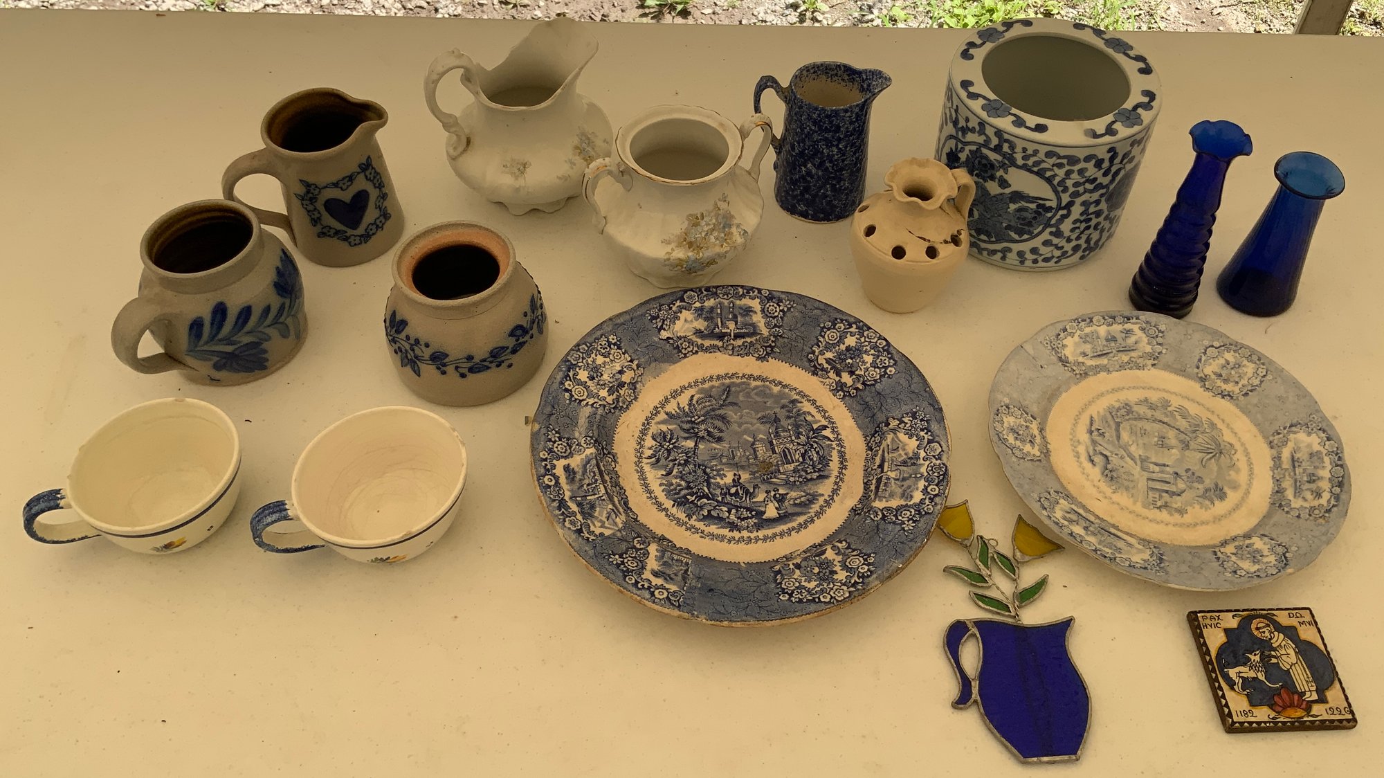 Box Lot Of Blue-decorated China, Quimper Cups, Blue Transferware ...